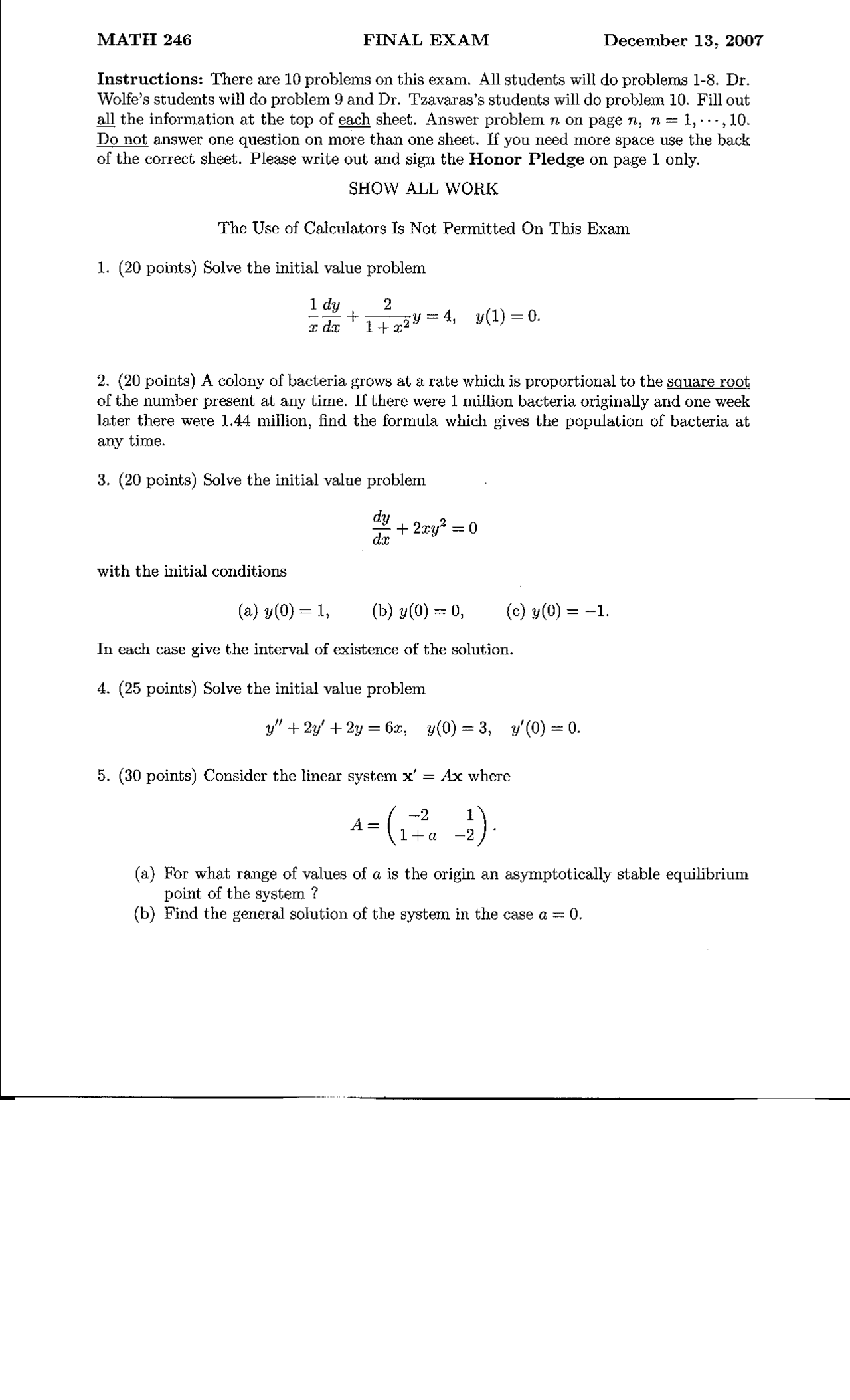 Final Exam Questions Differential Equations For Scientists And