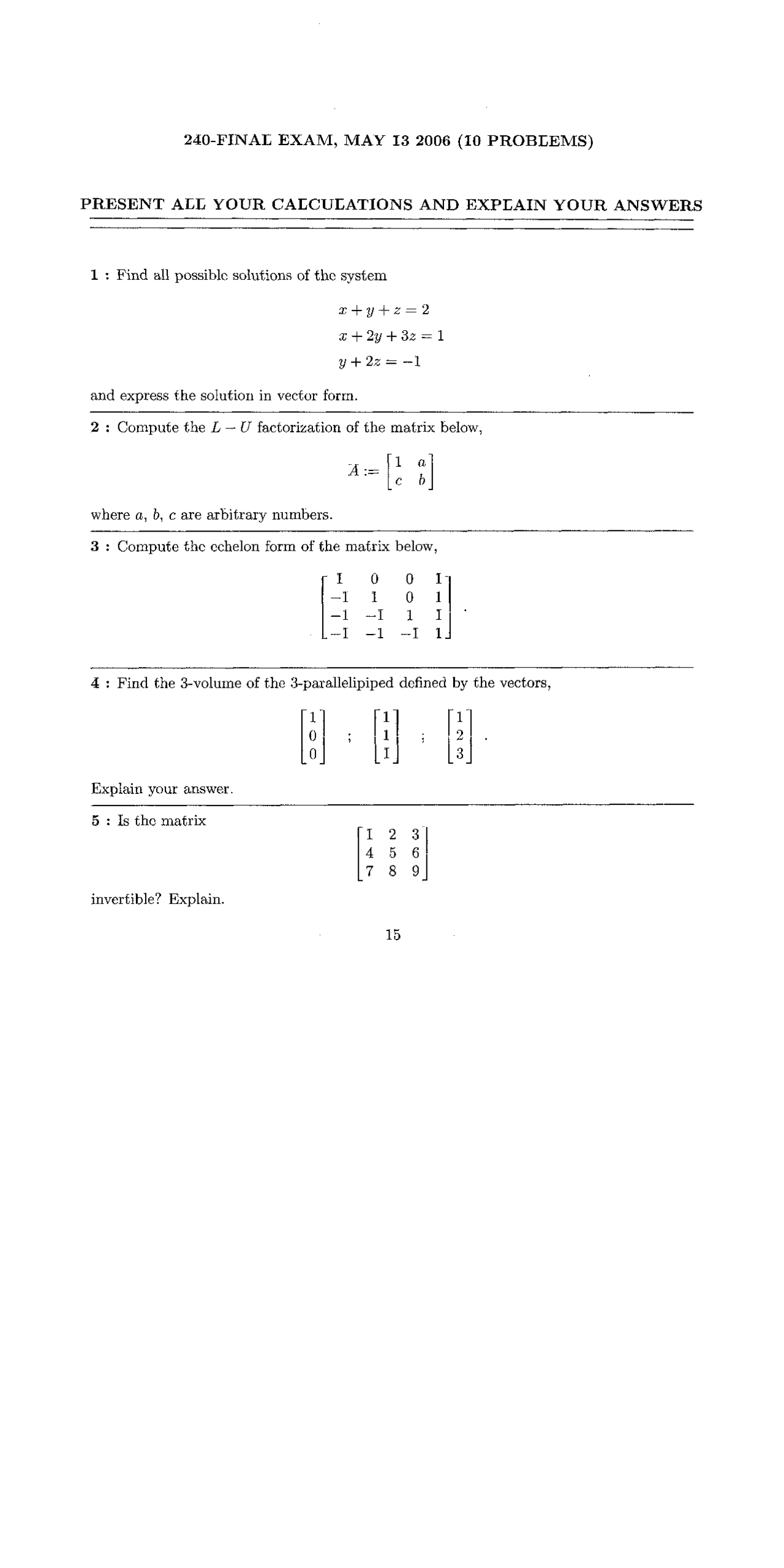 10 Problems In Final Exam Introduction To Linear Algebra Math 240