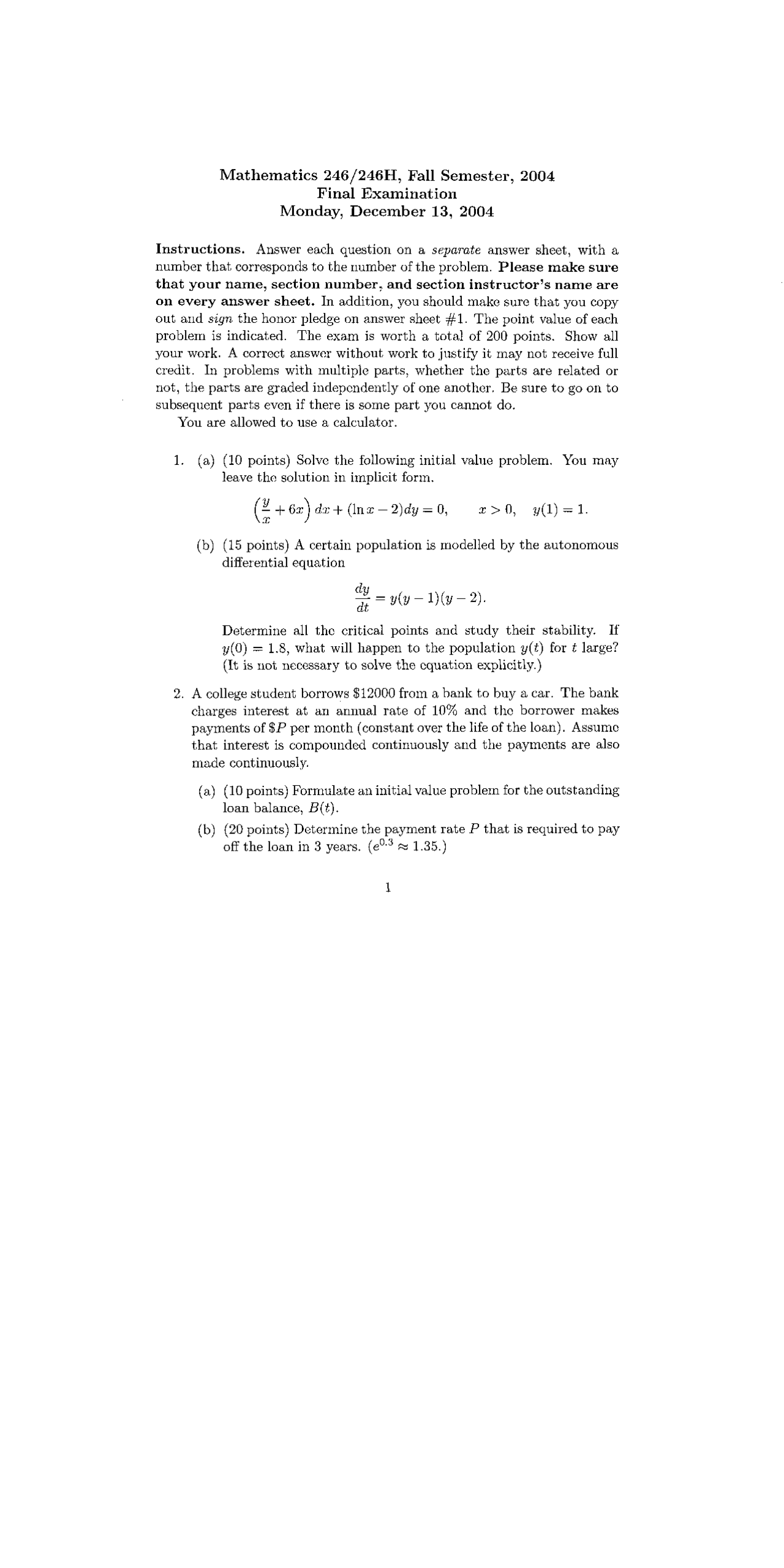 Final Exam for Differentials Equations for Scientists and Engineers | MATH 246 - Docsity
