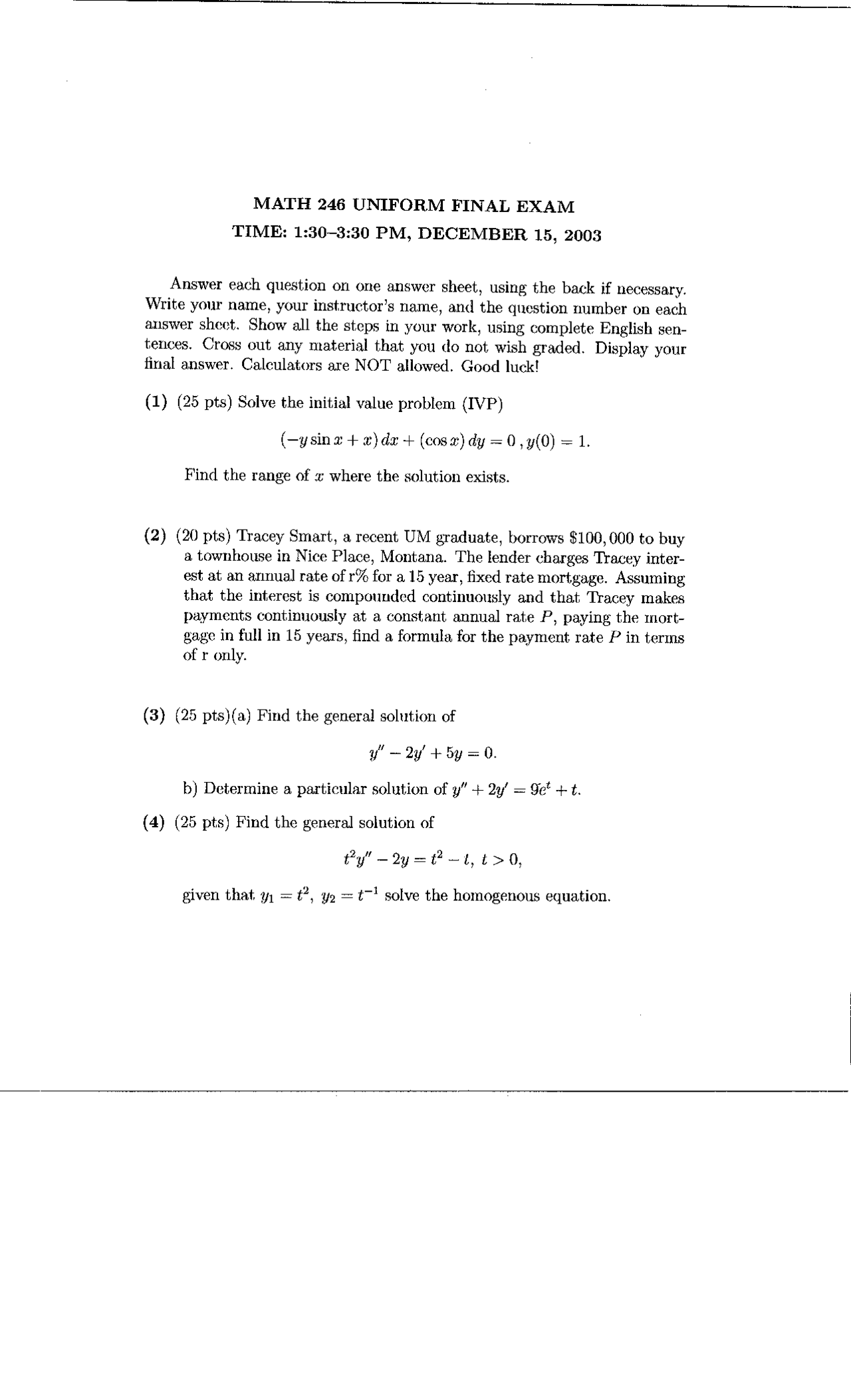 9 Questions Final Exam Differential Equation Math 246 Docsity