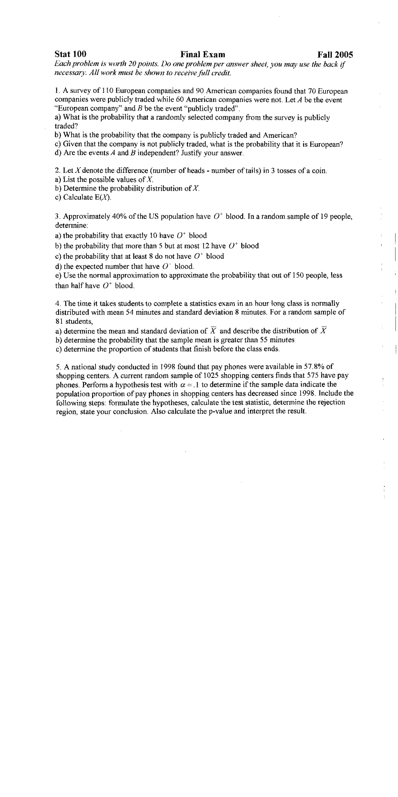 Final Exam on Elementary Statistic and Probability | STAT 100 - Docsity