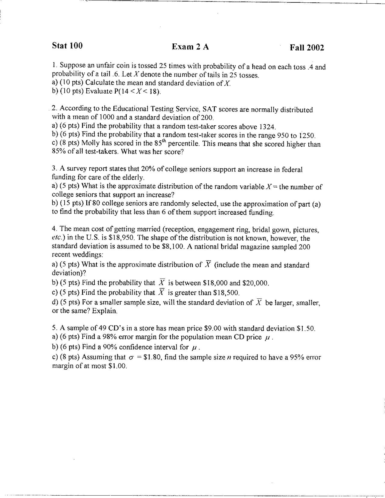 Elementary Statistics and Probability - Exam 2A - Fall 2002 | STAT 100 ...