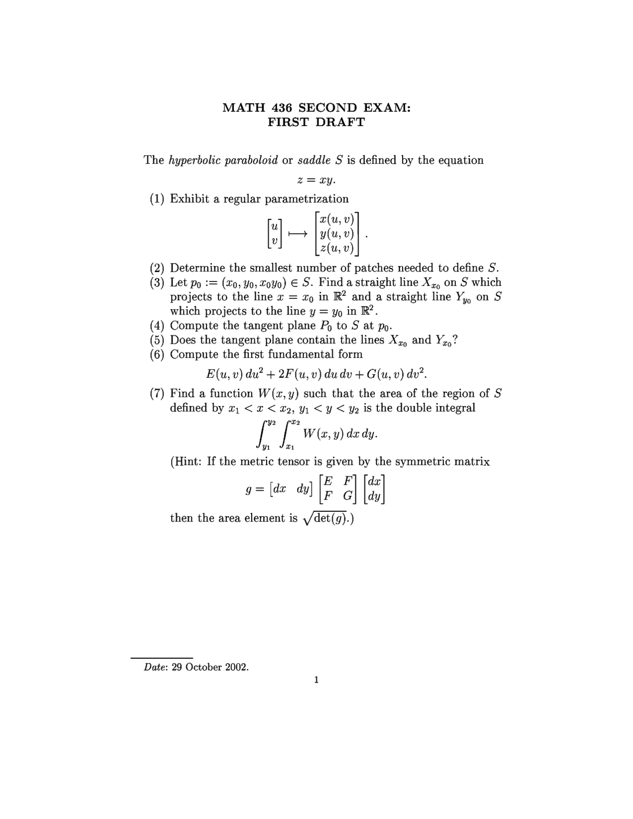 First Draft Exam 2 Geometry For Computer Graphics Math 431 Docsity