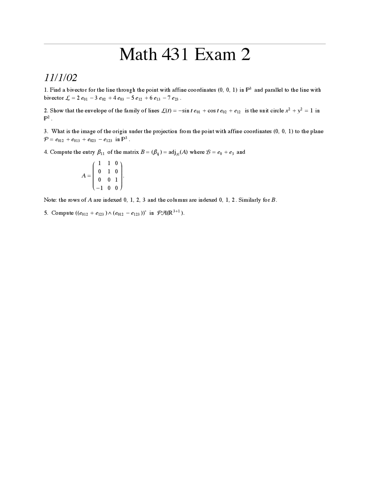 5 Questions In Exam 2 Geometry Computer Graphics Math 431 Docsity
