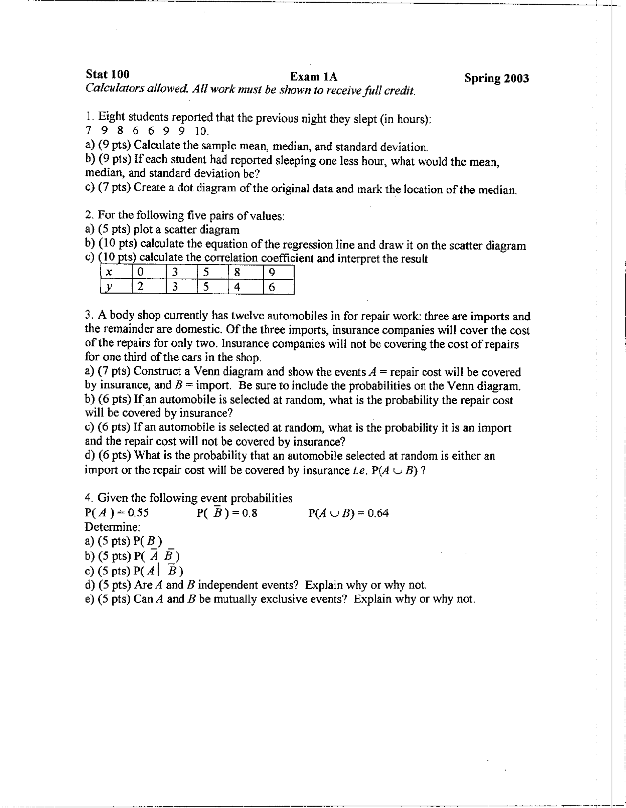 Exam 1A with 4 Questions - Elementary Statistics and Probability | STAT ...