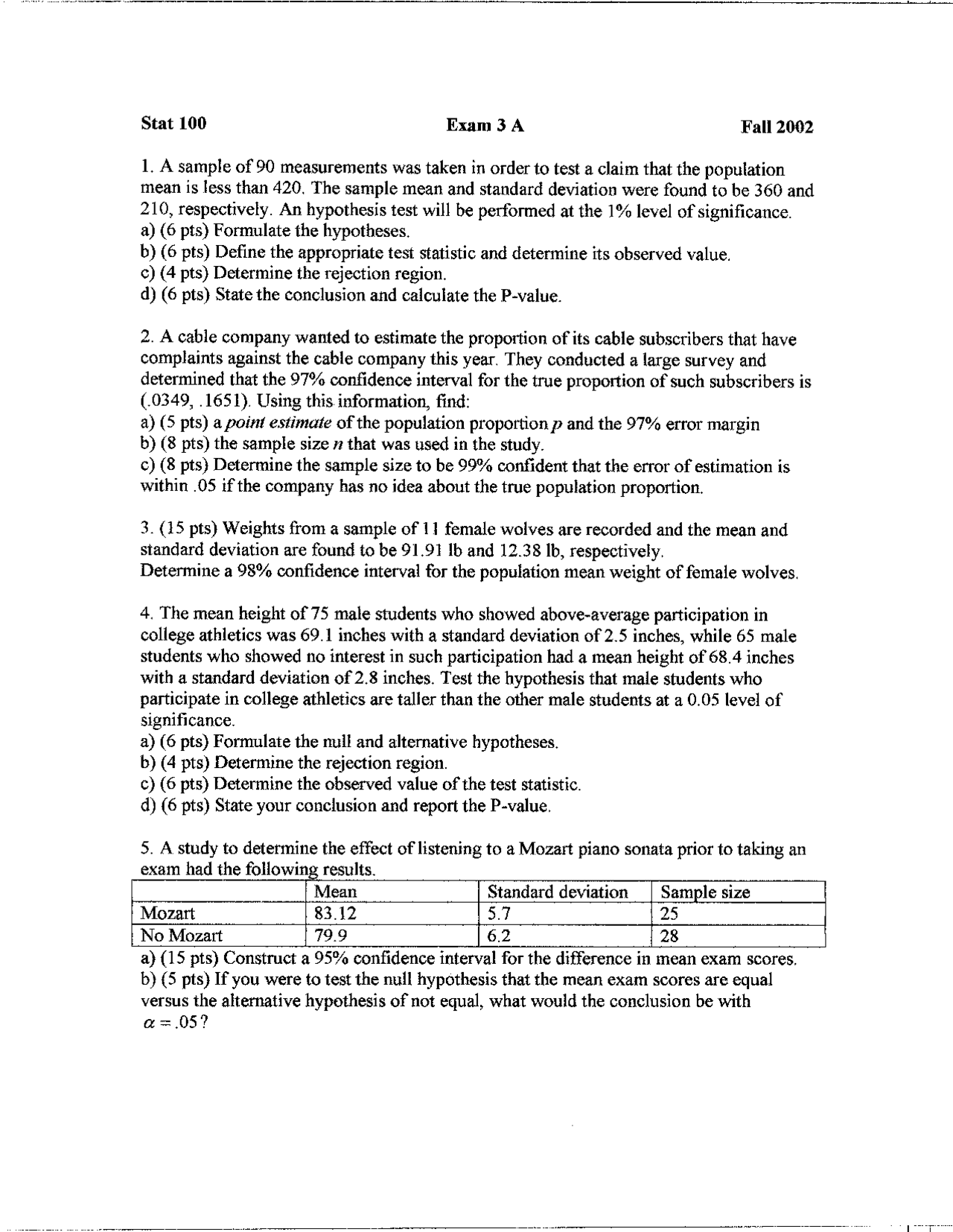 Final Exam with 5 Questions - Elementary Statistics and Probability ...