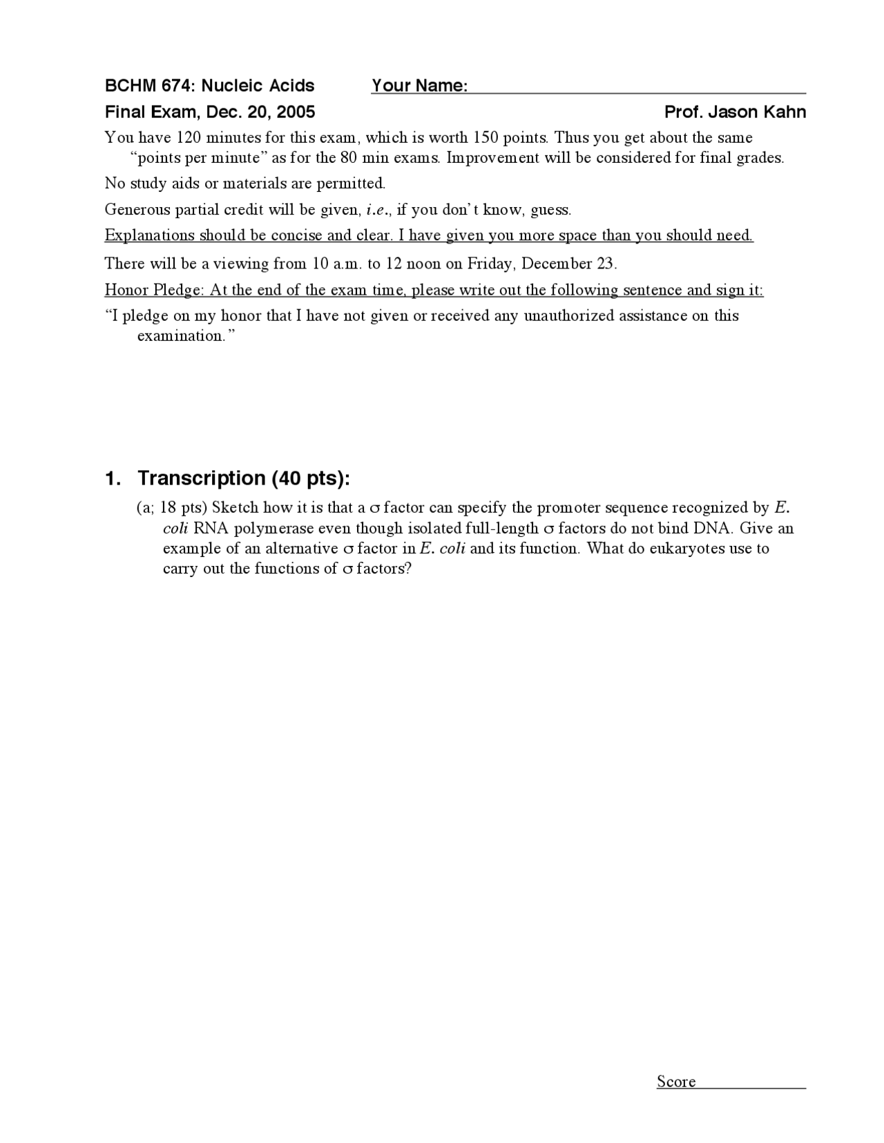 Sample Questions For Nucleic Acids Past Final Exam Bchm 674 Docsity