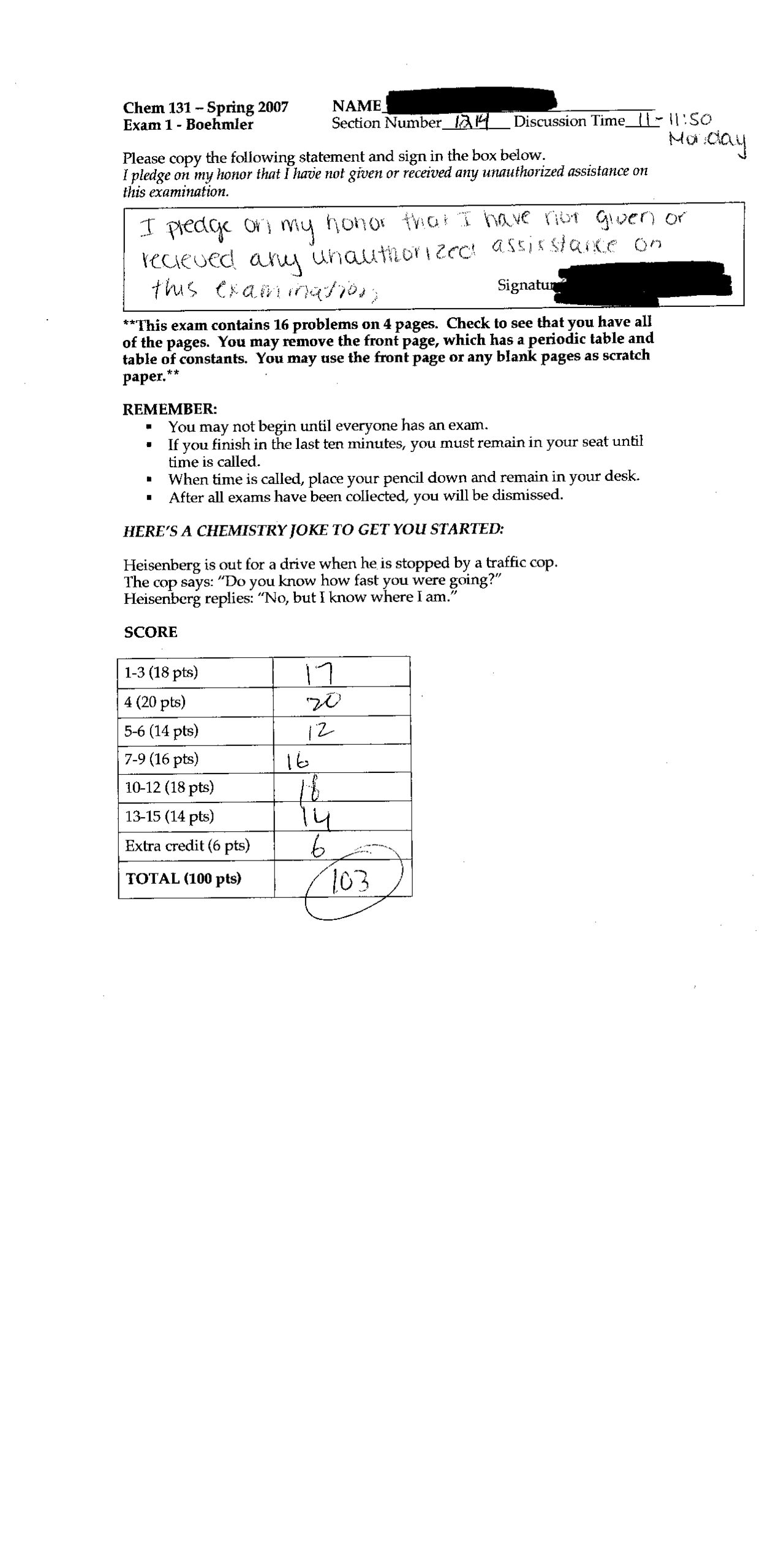 Solved Exam 1 For Fundamentals Of Chemistry I Chem 131 Docsity