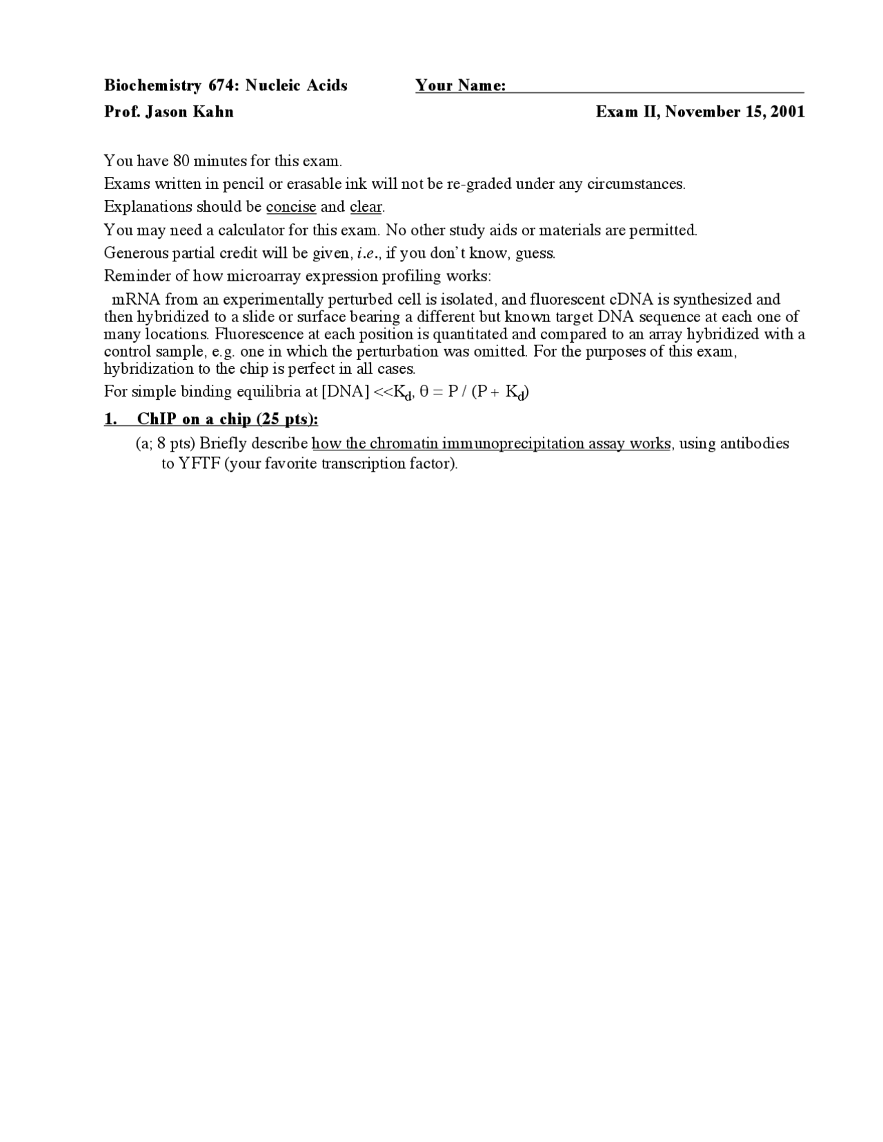 Sample Questions For Exam 2 Nucleic Acids Bchm 674 Docsity