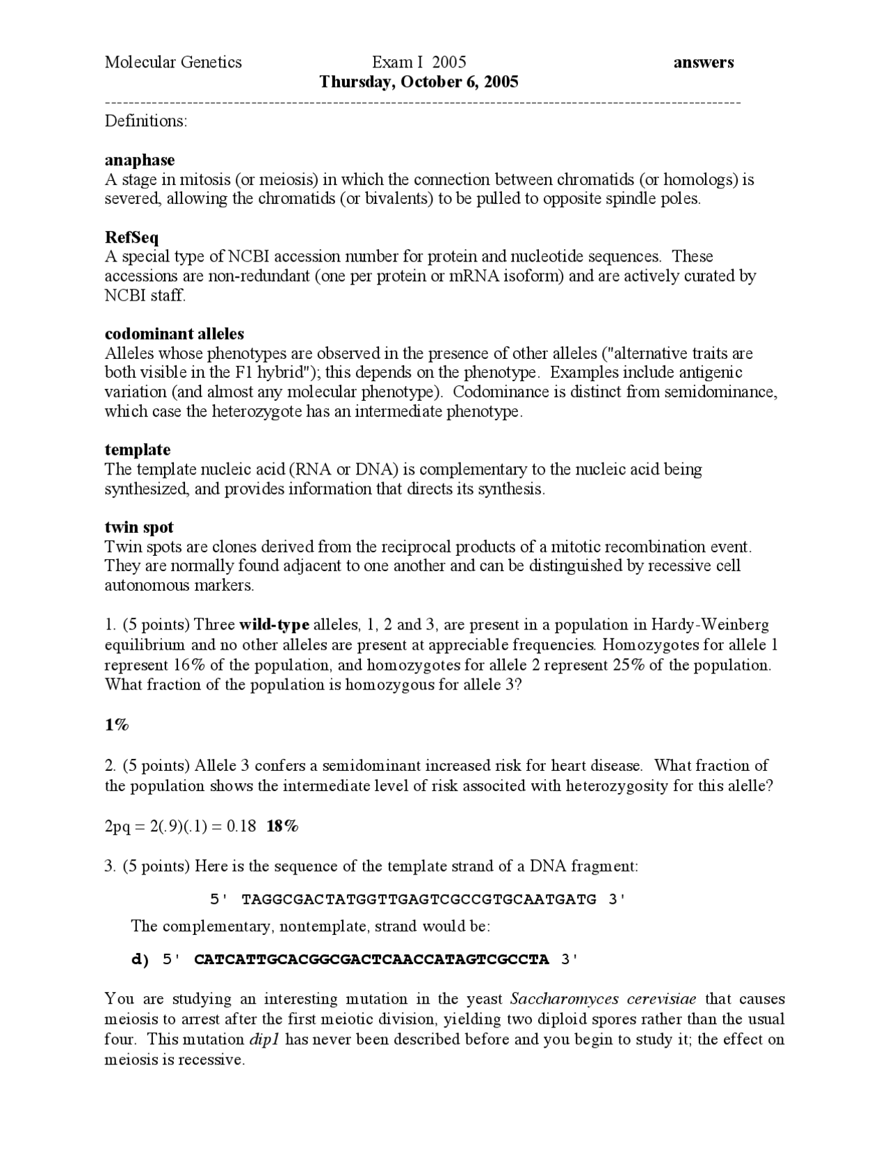 Sample Exam 1 With Answers Molecular Genetics Bsci 410 Docsity