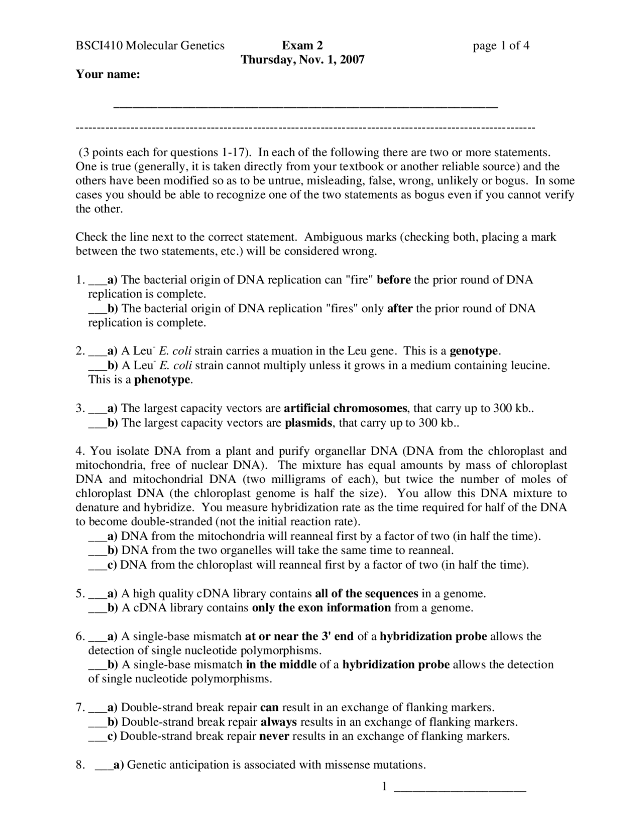 Practice Questions On Molecular Genetics Exam 2 Bsci 410 Docsity