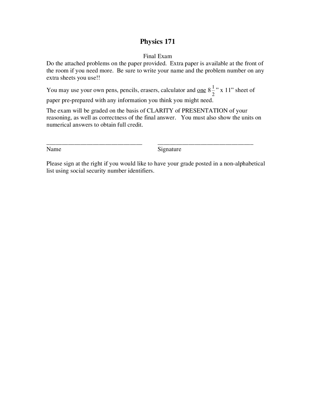 Final Exam Introduction Physics Phys 171 Docsity
