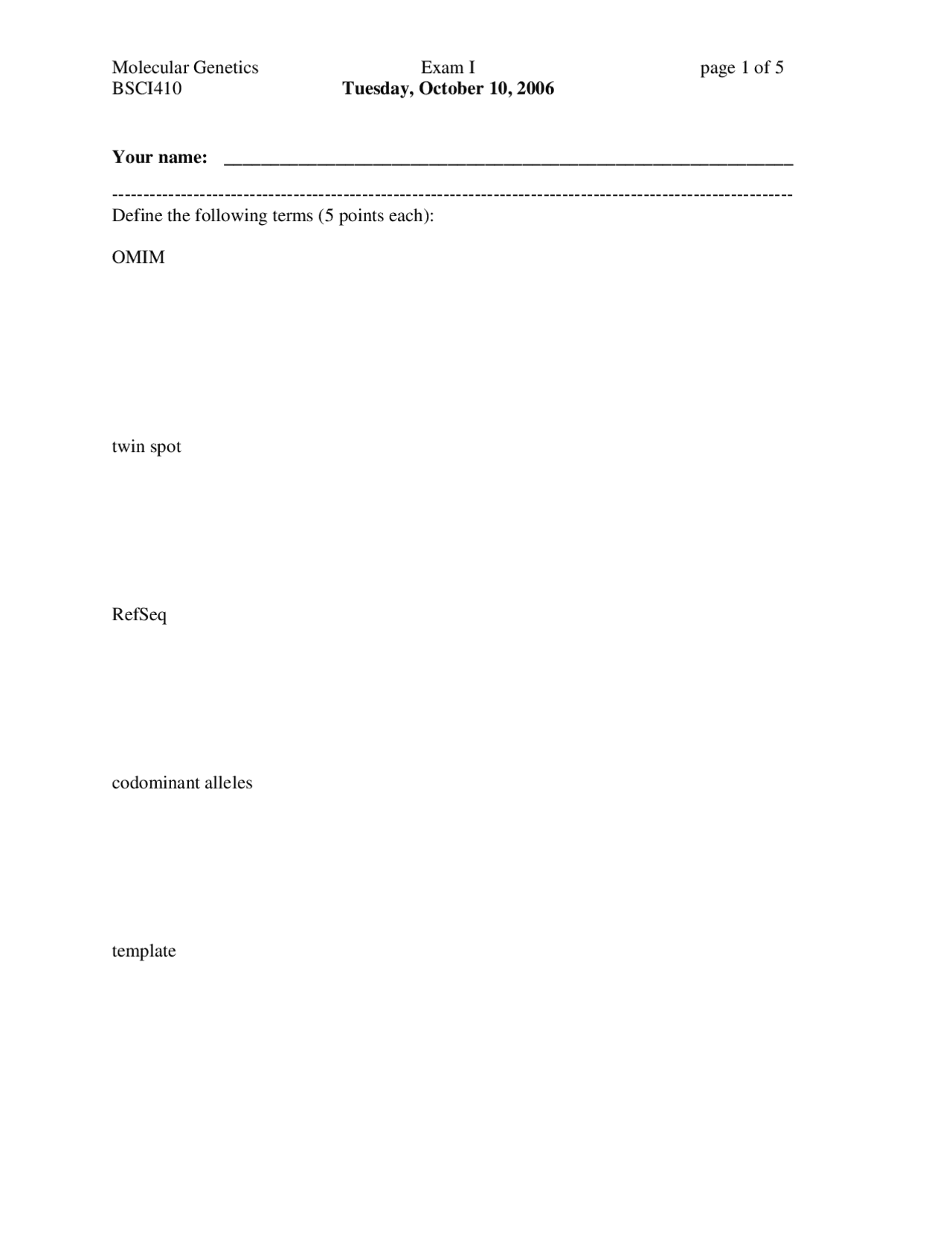 Molecular Genetics Final Exam 1 Questions Bsci 410 Docsity