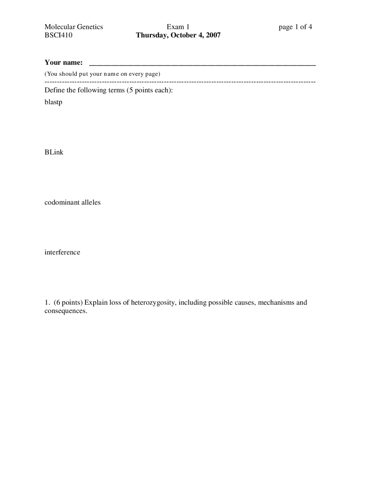Examination 1 Molecular Genetics Bsci 410 Docsity