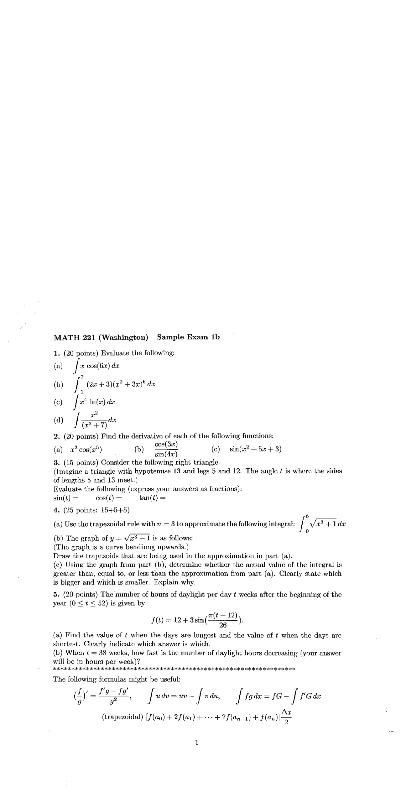 Sample Exam 1b With Answers Elementary Calculus Ii Math 221 Docsity