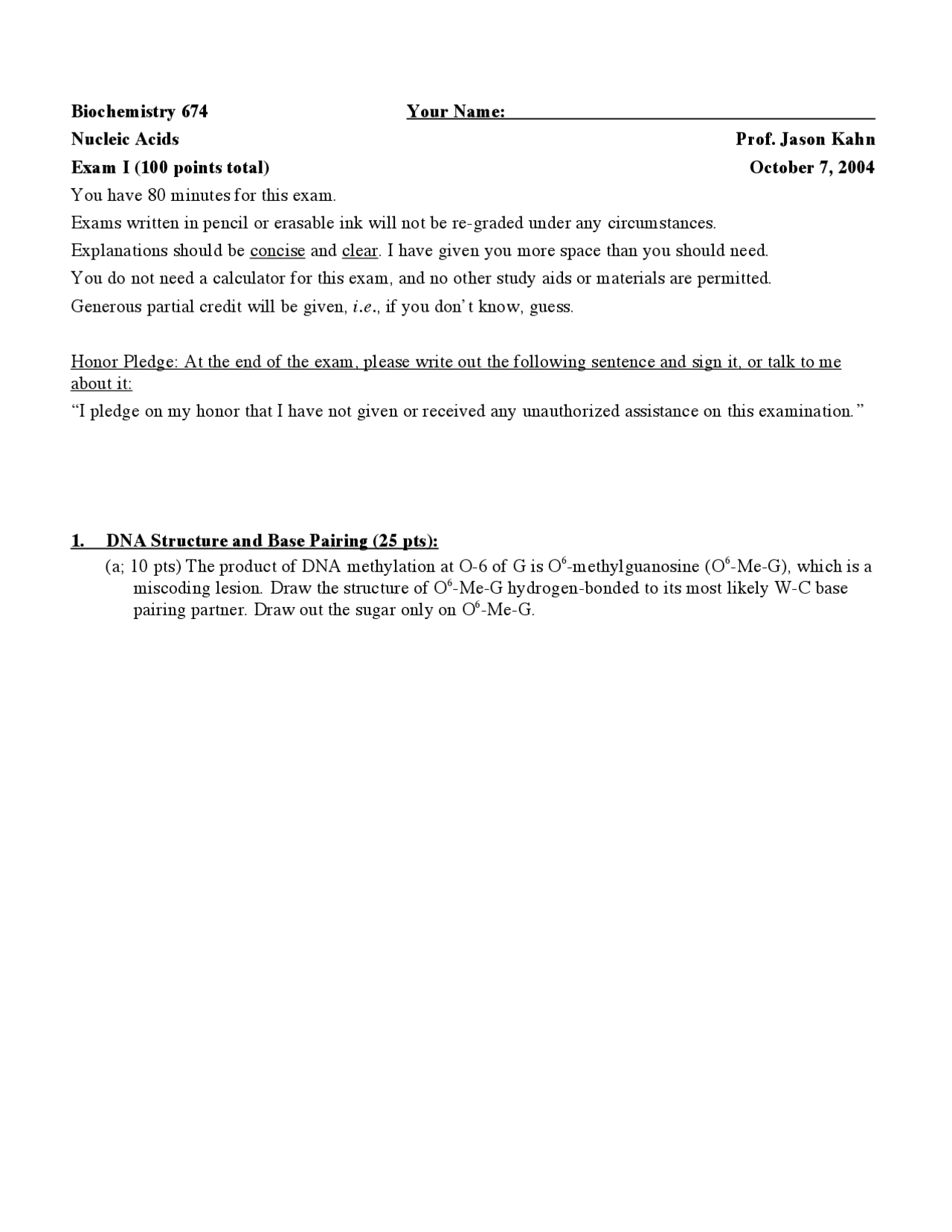Exam 1 With Solutions On Nucleic Acid Bchm 674 Docsity