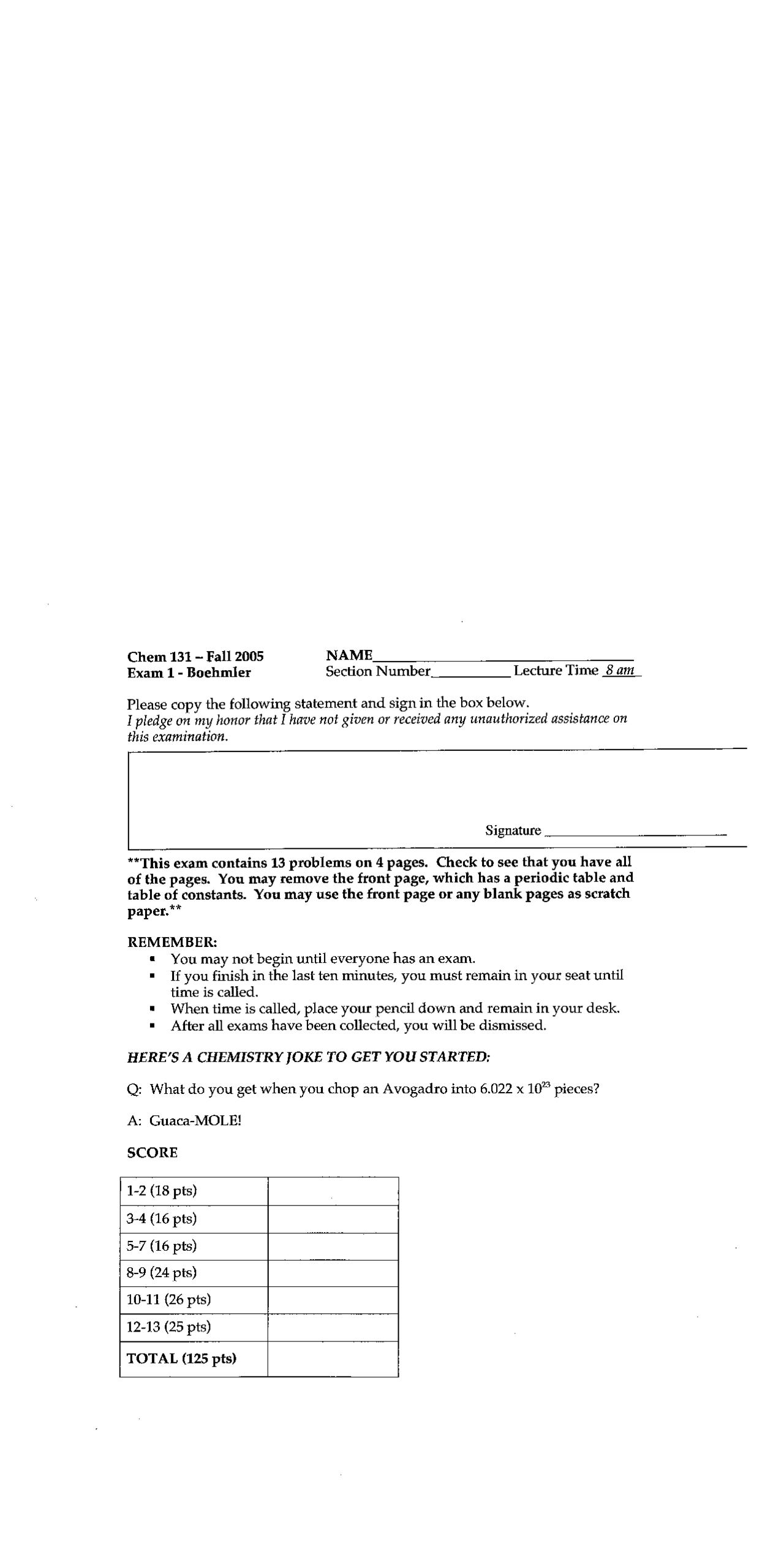13 Solved Problems On Fundamentals Of Chemistry Exam 1 Chem 131