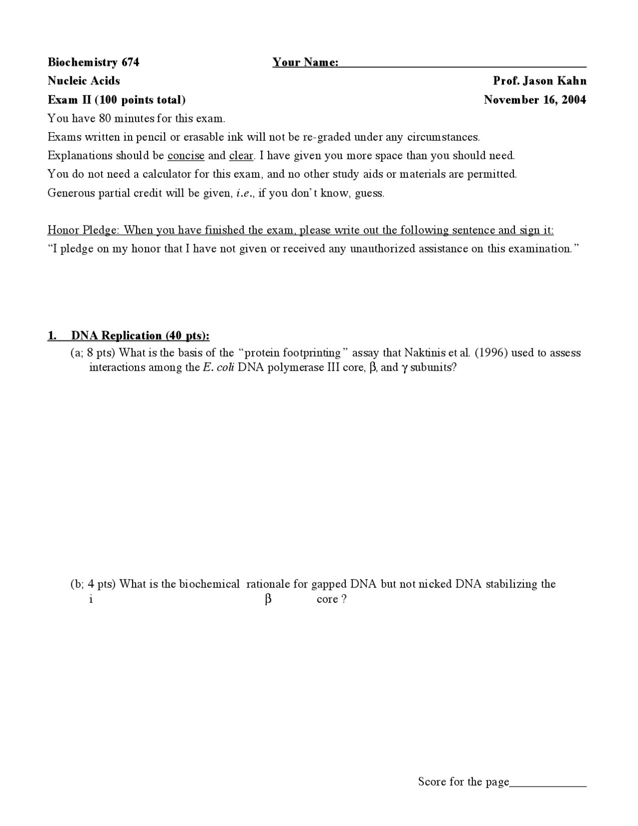 Exam 2 Questions For Resolution Nucleic Acids Bchm 674 Docsity