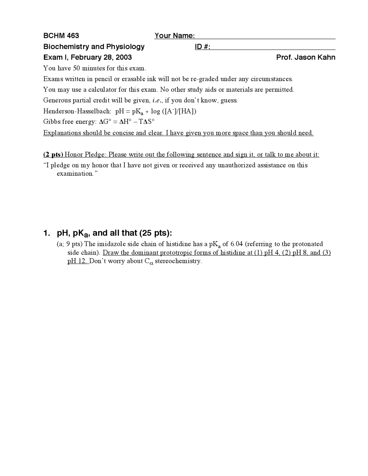 Exam 1 Sample Questions Biochemistry And Physiology Bchm 463 Docsity
