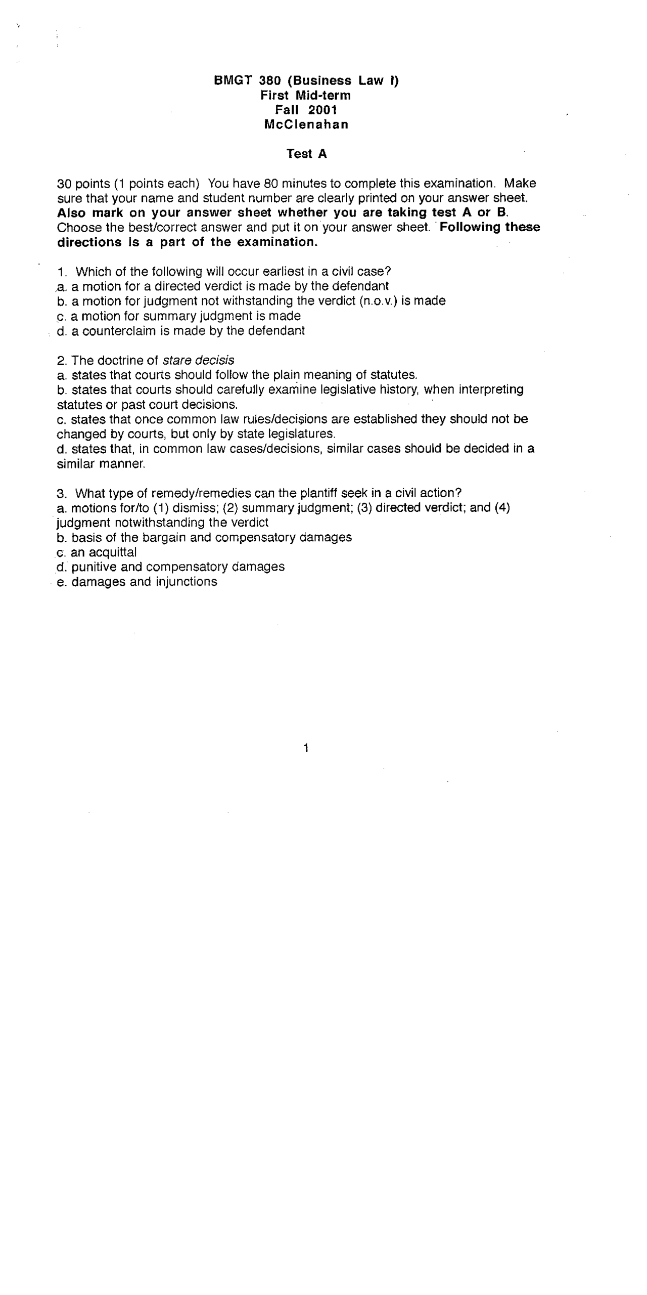 Questions On Business Law I Practice Midterm Exam 1 Bmgt 380 Docsity