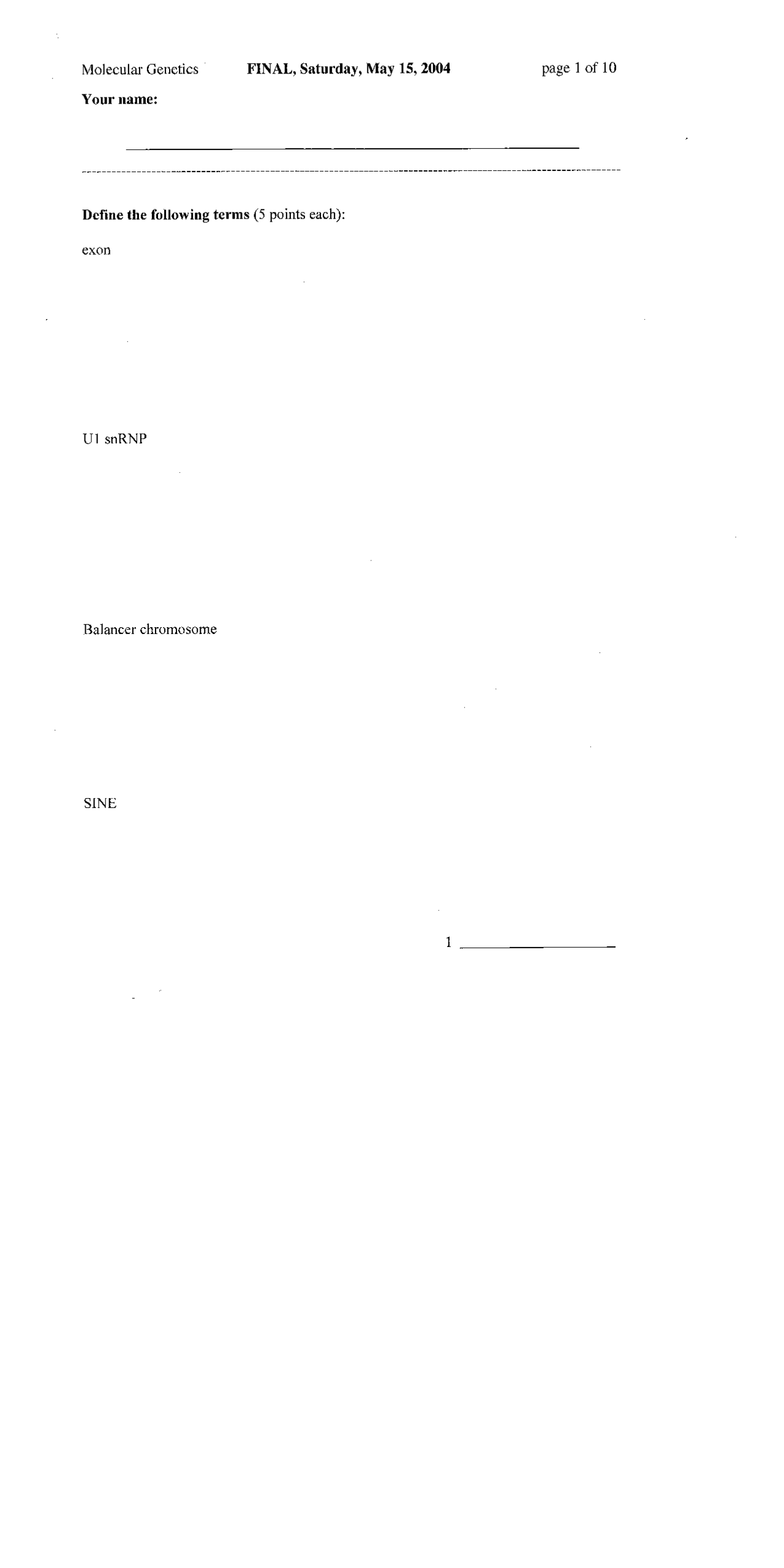 Final Exam Unsolved Questions Molecular Genetics Bsci 410 Docsity