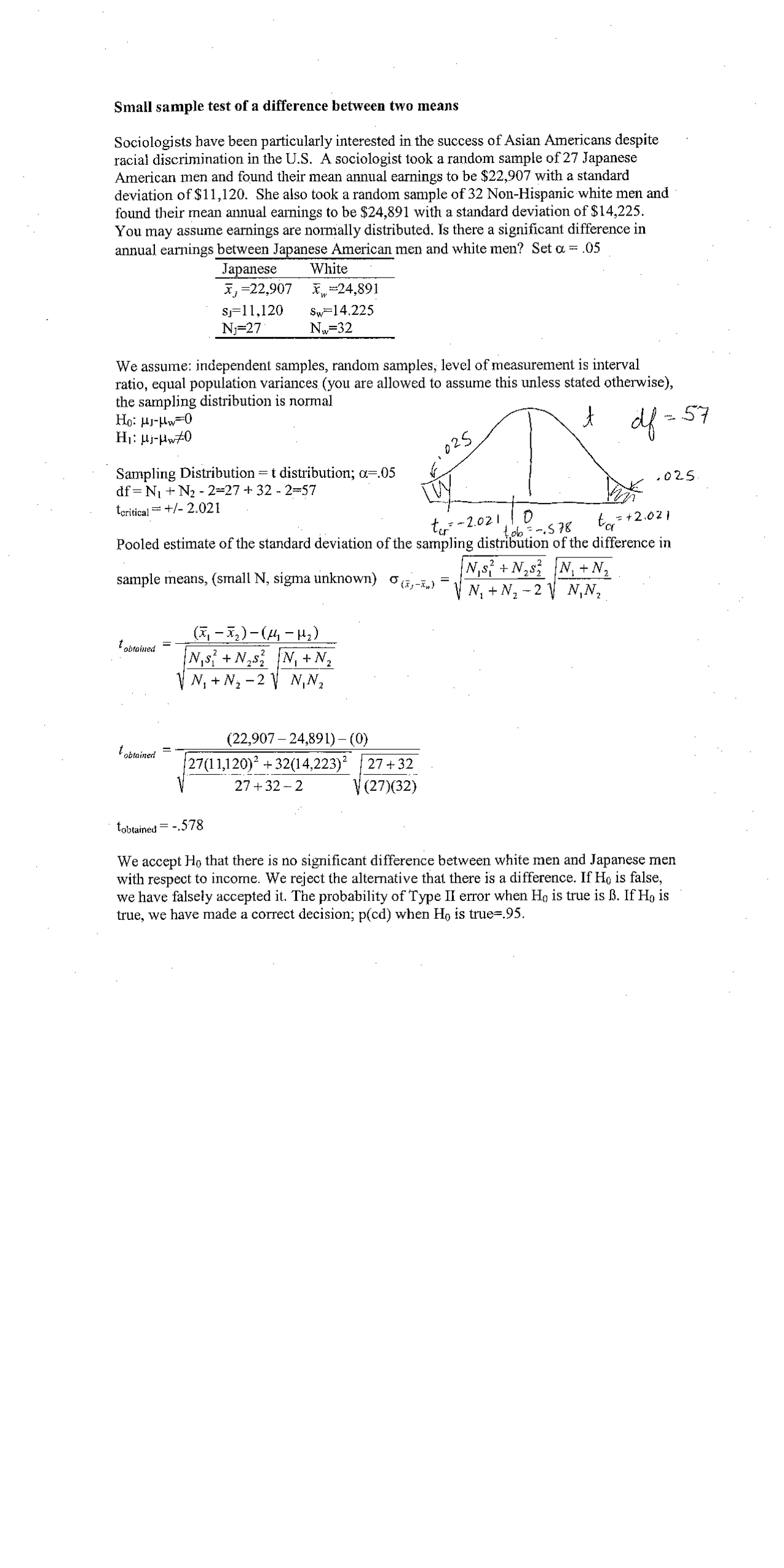 Small Sample Test Of A Difference Between Two Means Socy 201 Docsity