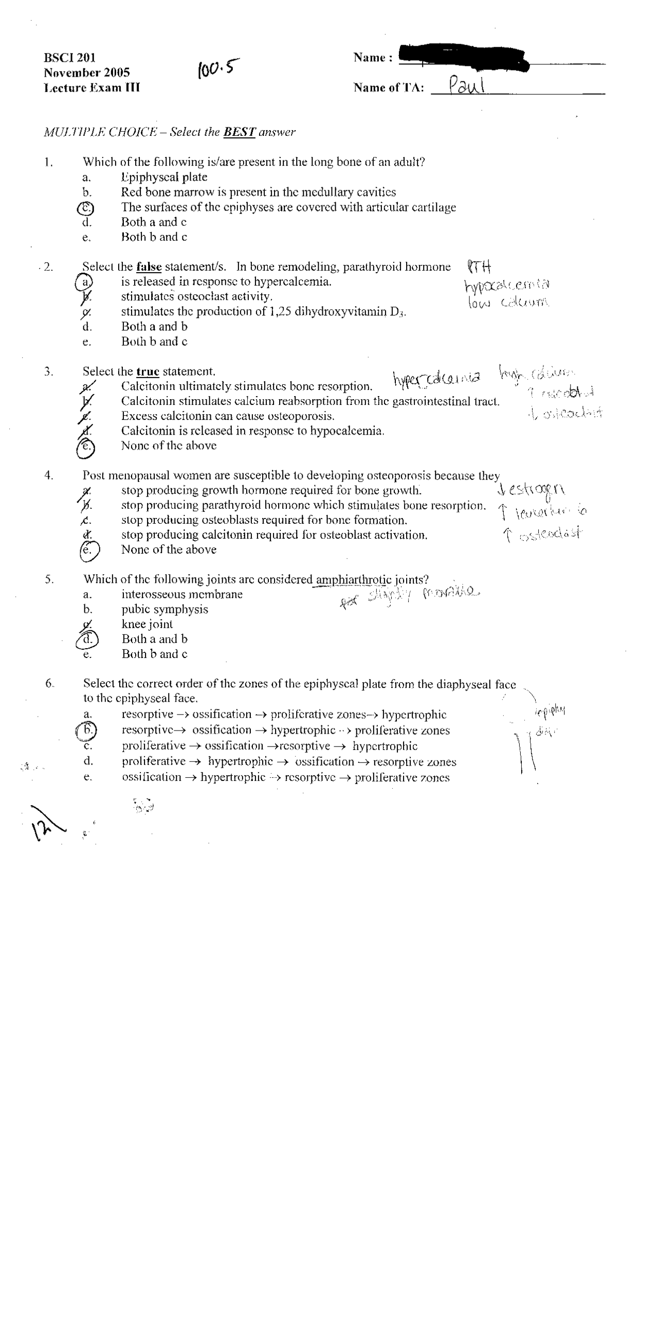 Human Anatomy And Physiology I Exam 3 Solutions Bsci 201 Docsity
