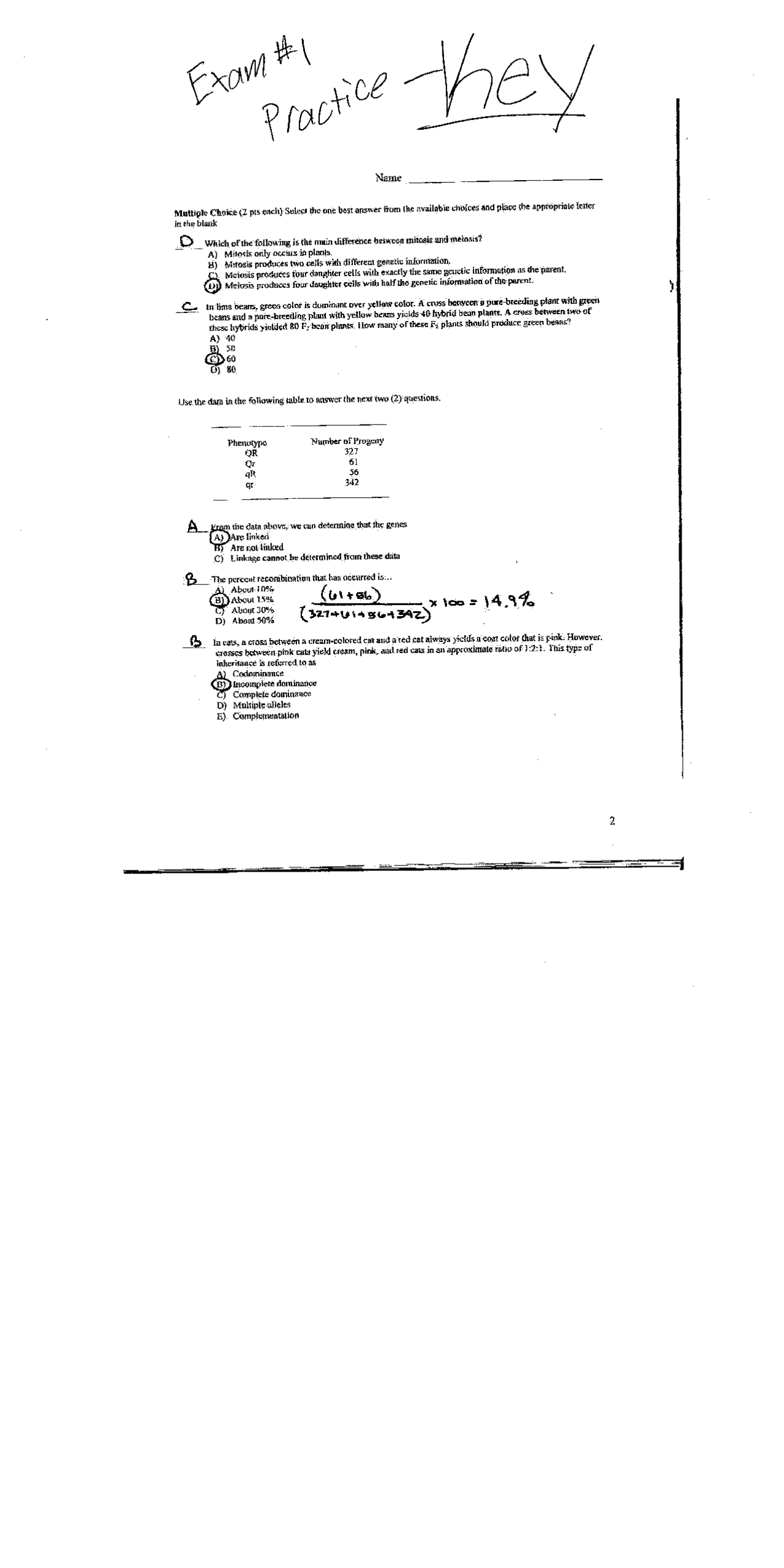 Exam 1 Practice Questions Principles Of Genetics Bsci 222 Docsity