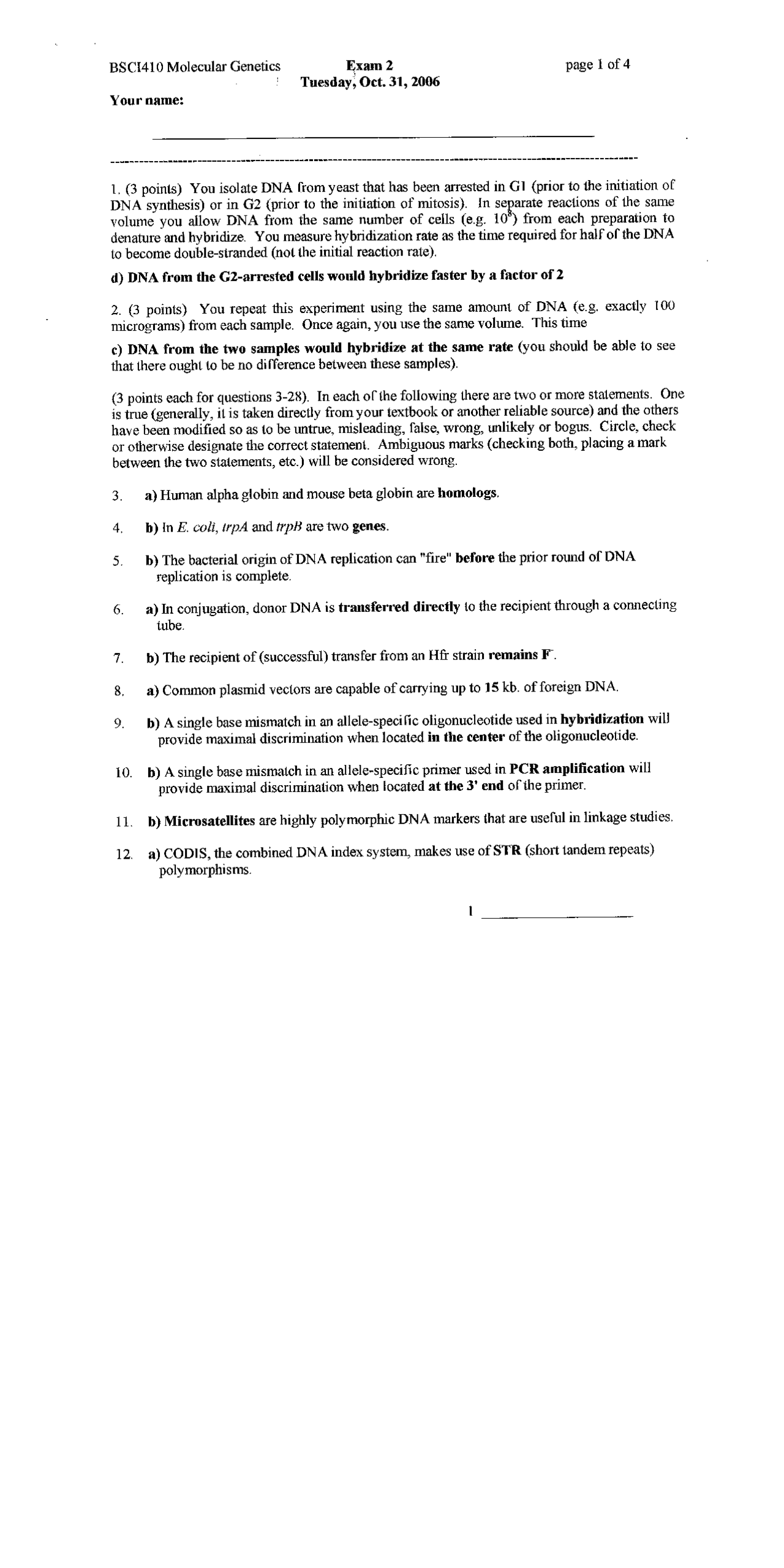 Exam 2 Practice Questions On Molecular Genetics Bsci 410 Docsity