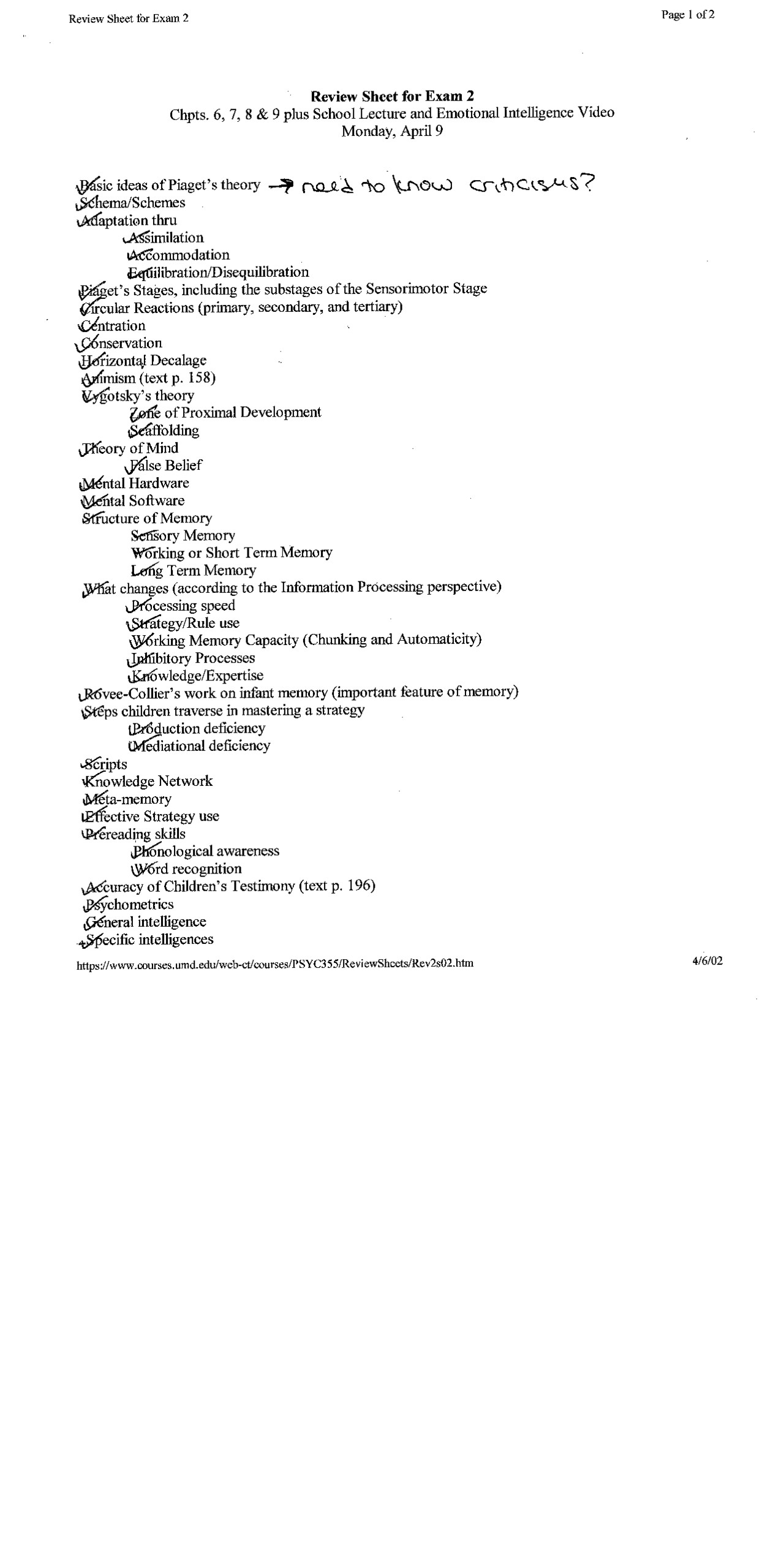 Review Sheet For Exam 2 Developmental Psychology Psyc 355 Docsity