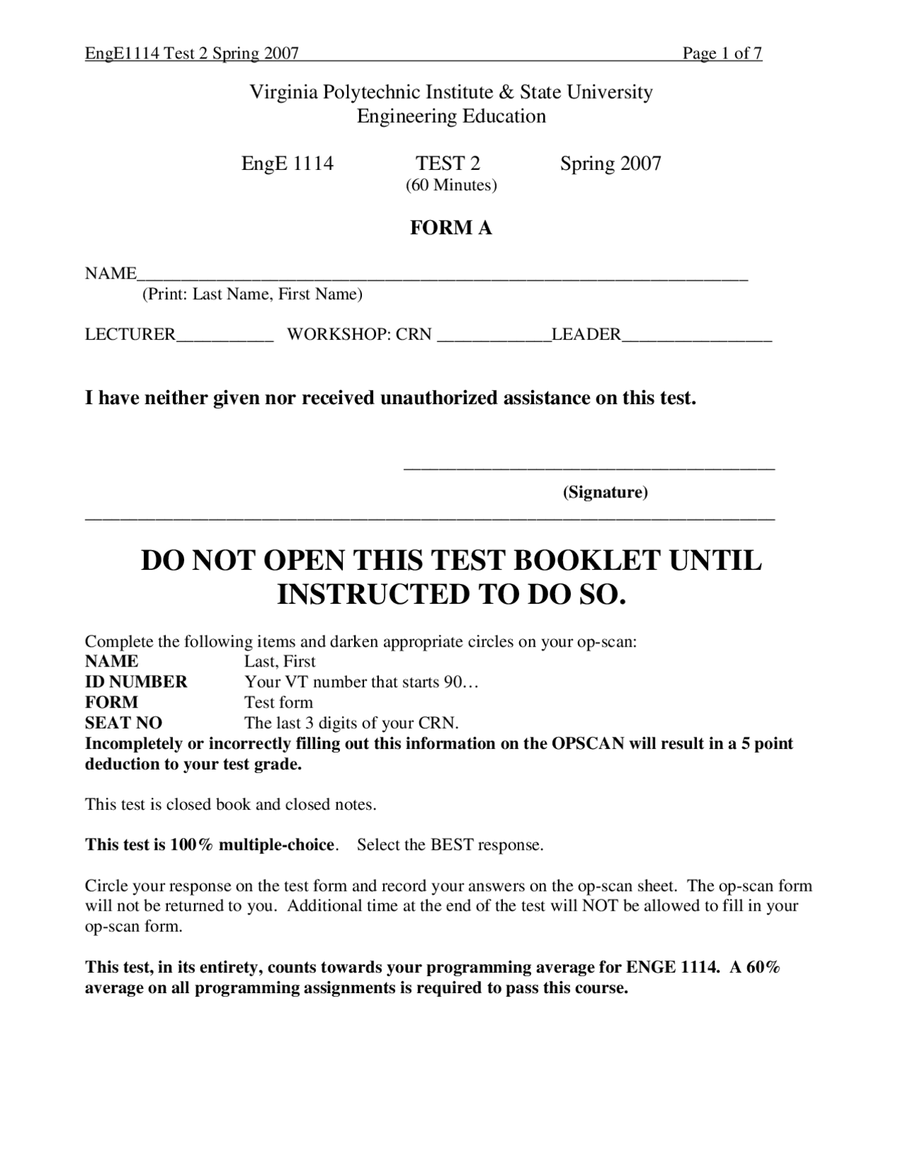 Test 2 For Exploration Engineering Design Enge 1114 Docsity