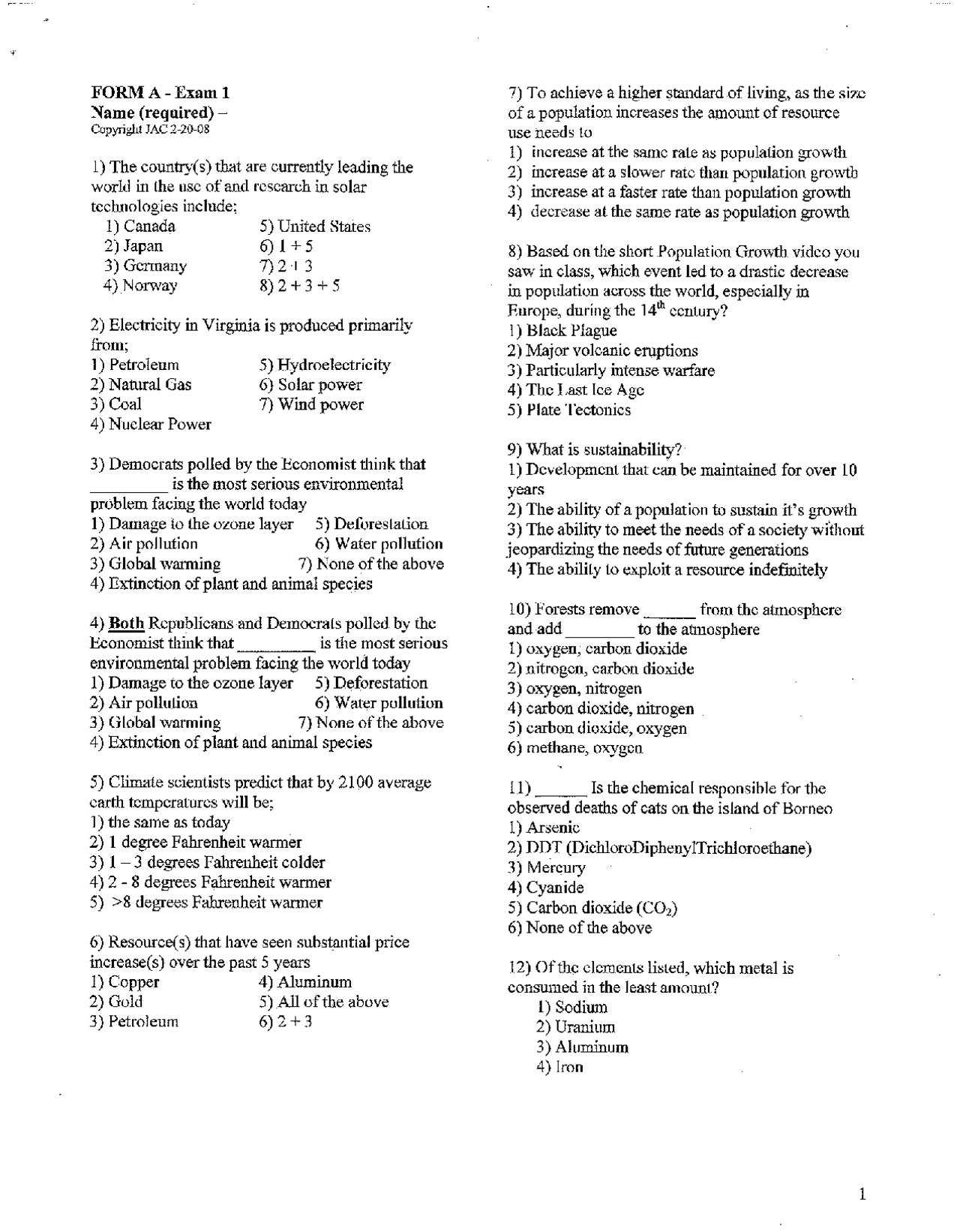 Questions for Exam 1 - Resources Geology | GEOS 1024 - Docsity