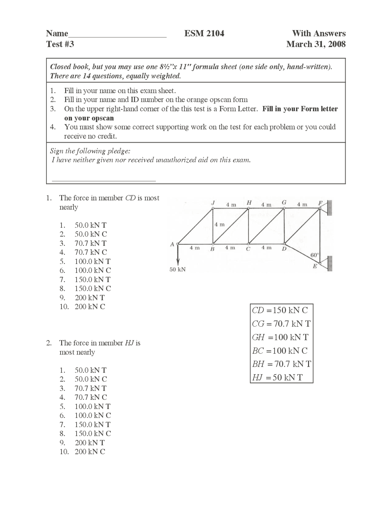 14 questions of Statics - Test #3 with answers | ESM 2104 - Docsity