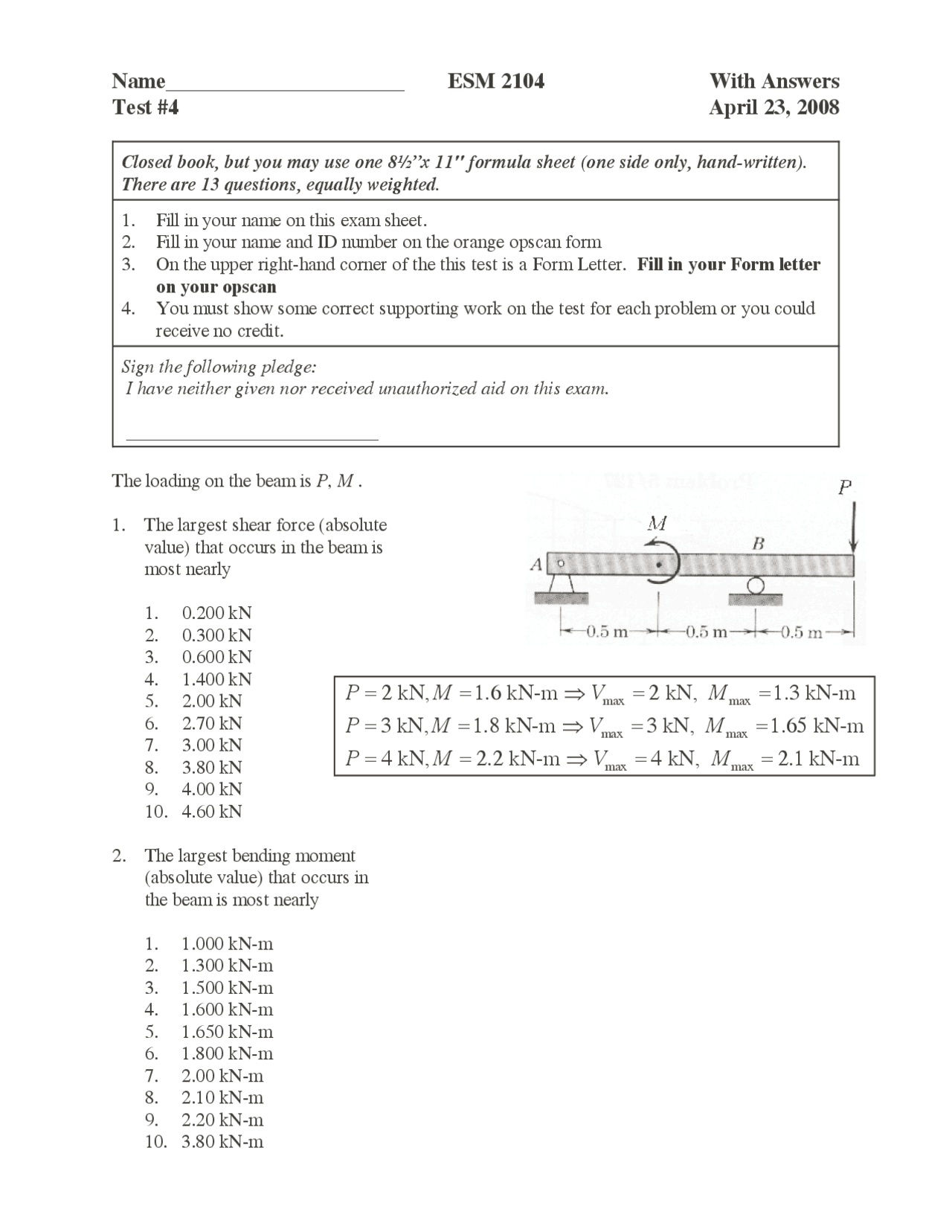 Solutions To Exam 4 For Statistics Esm 2104 Docsity