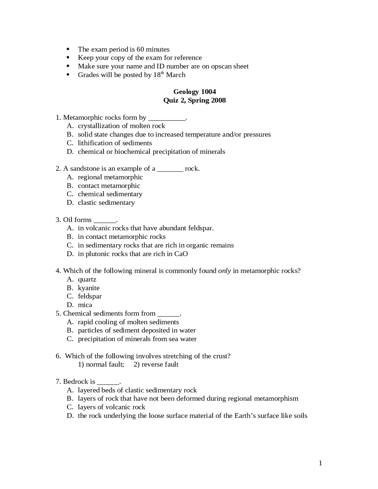 Quiz Paper 2 Physical Geology Geos 1004 Docsity
