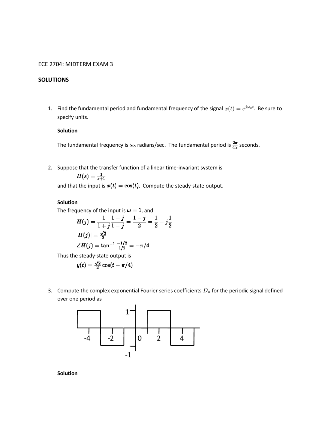 Solutions for Midterm Exam 3 | Signals and Systems | ECE 2704 | Exams ...