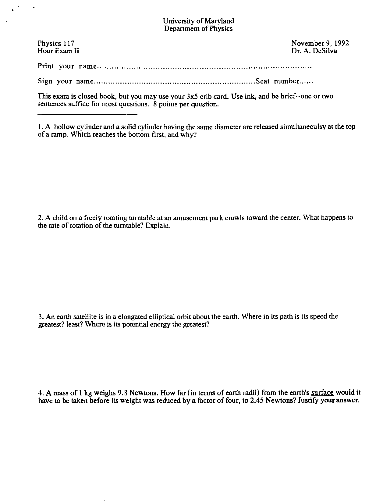 Exam 2 Introduction To Physics Phys 117 Docsity