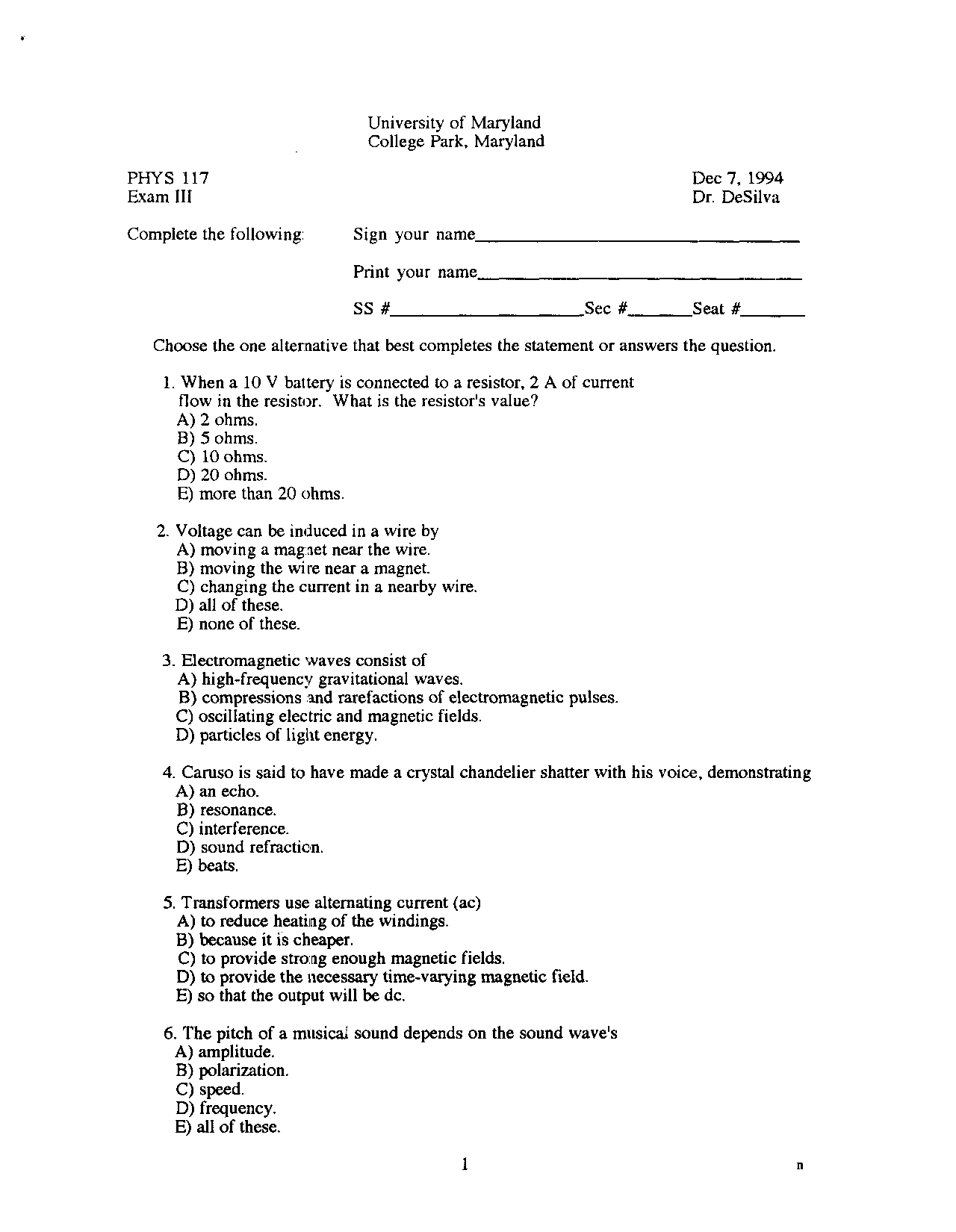 Introduction To Physics Exam Iii Phys 117 Docsity