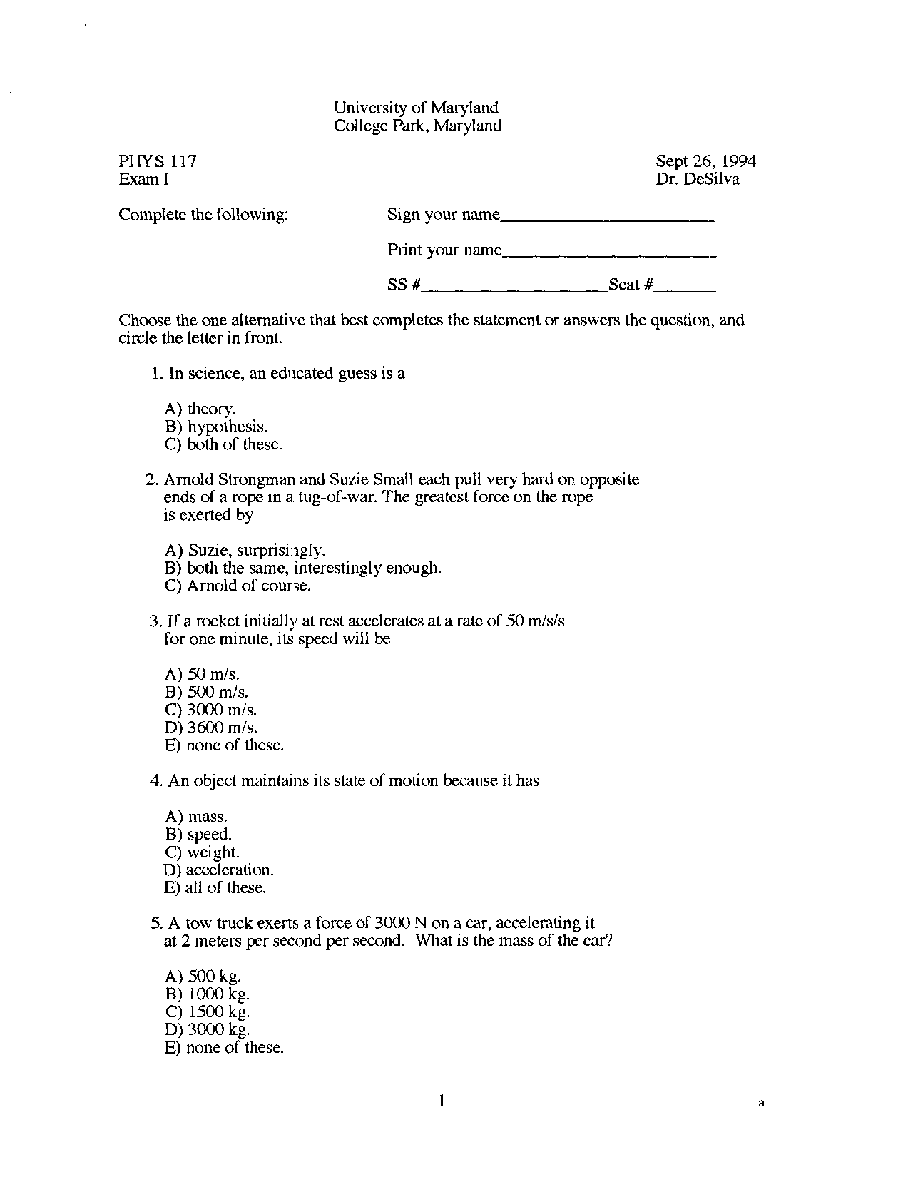Unsolved Exam Introduction To Physics Phys 117 Docsity