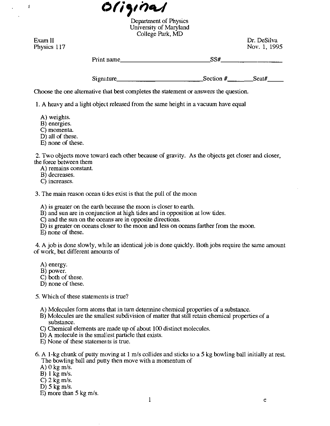 Exam 2 - Introduction to Physics - Fall 1995 | PHYS 117 - Docsity