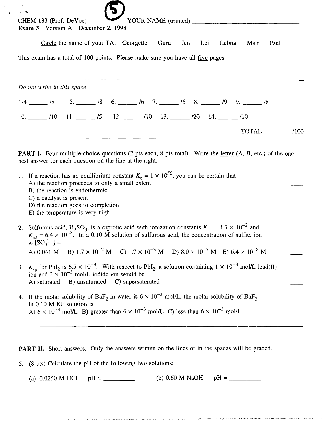 14 Questions Exam 3 General Chemistry For Engineers Chem 135 Docsity