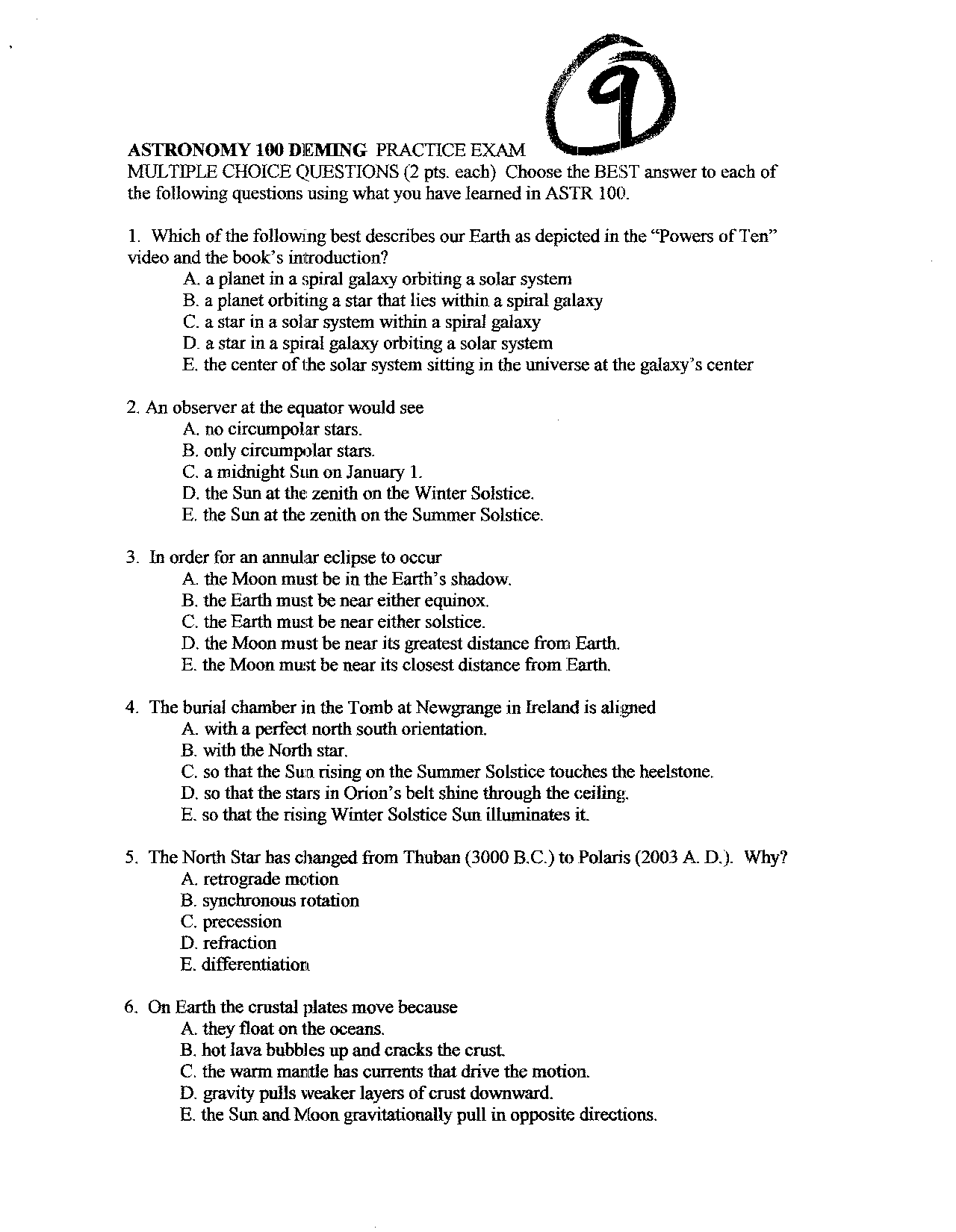 25 Mcqs Practice Exam Introduction To Astronomy Astr 100 Docsity