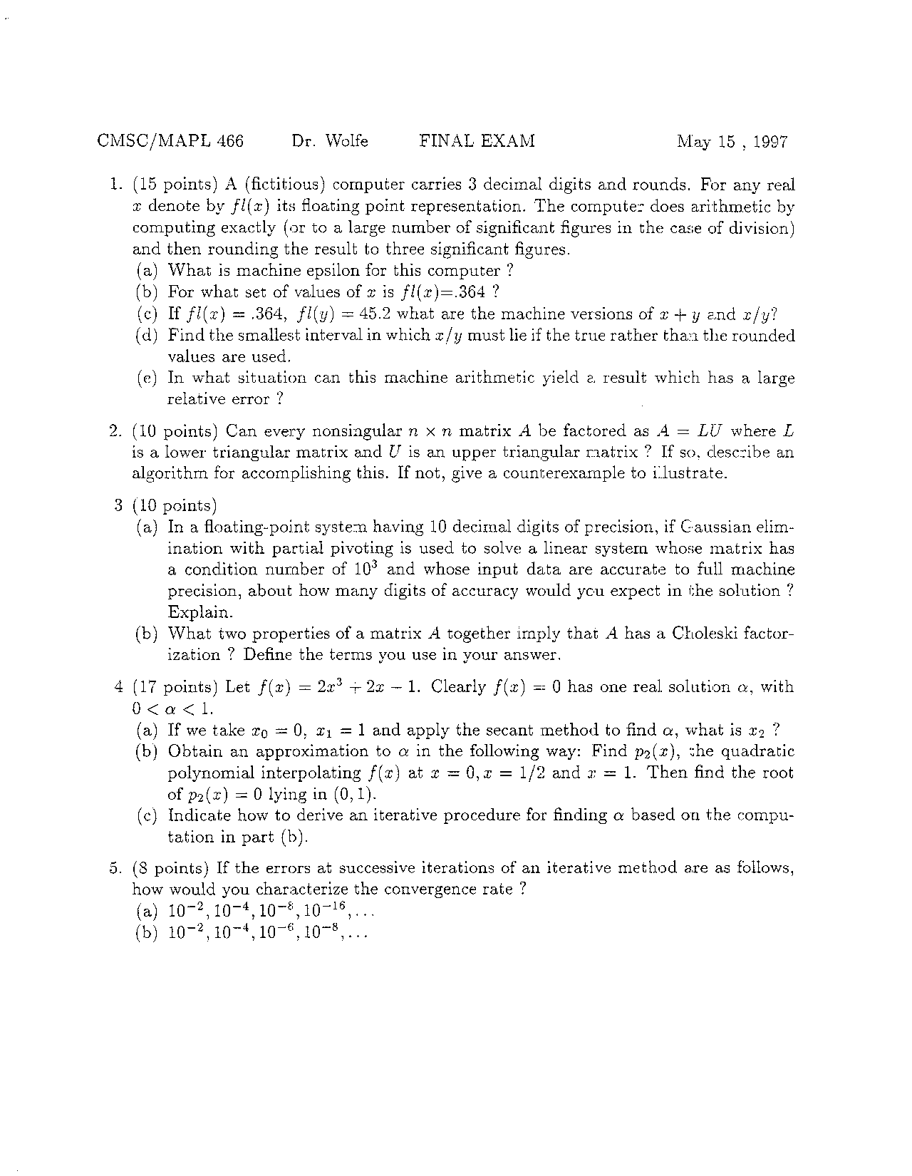 Final Exam With 8 Questions Introduction To Numerical Analysis I