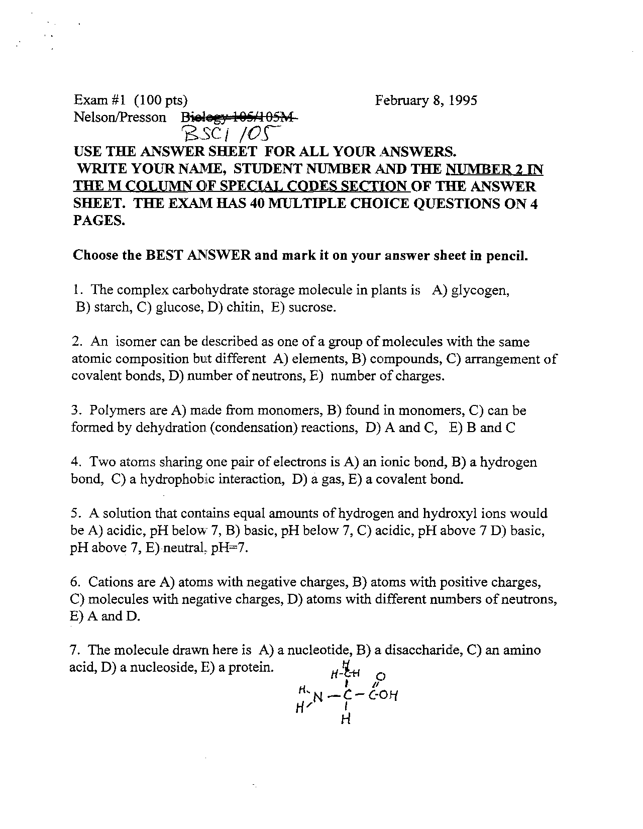 Exam 1 With Partial Solutions Principles Of Biology I Bsci 105