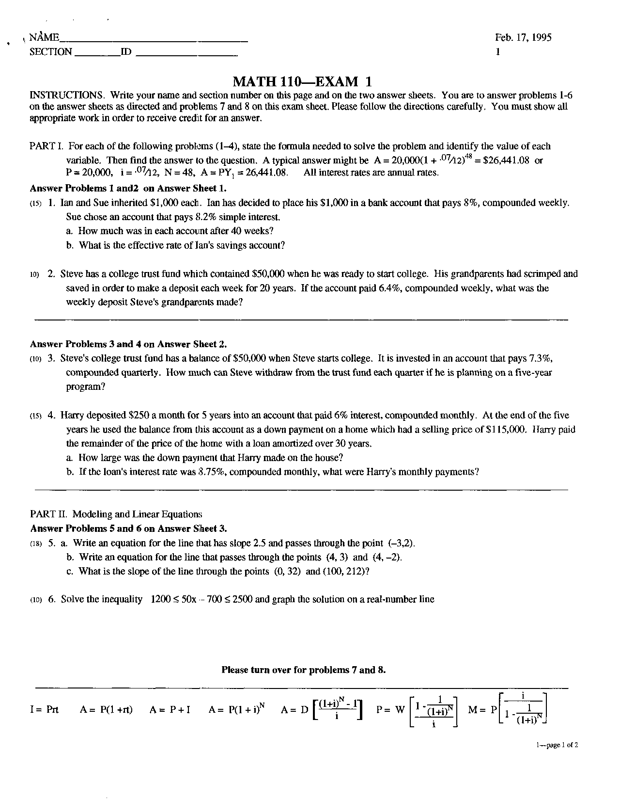 Exam 1 With Answer Sheet Elementary Mathematics Models 1995 Math