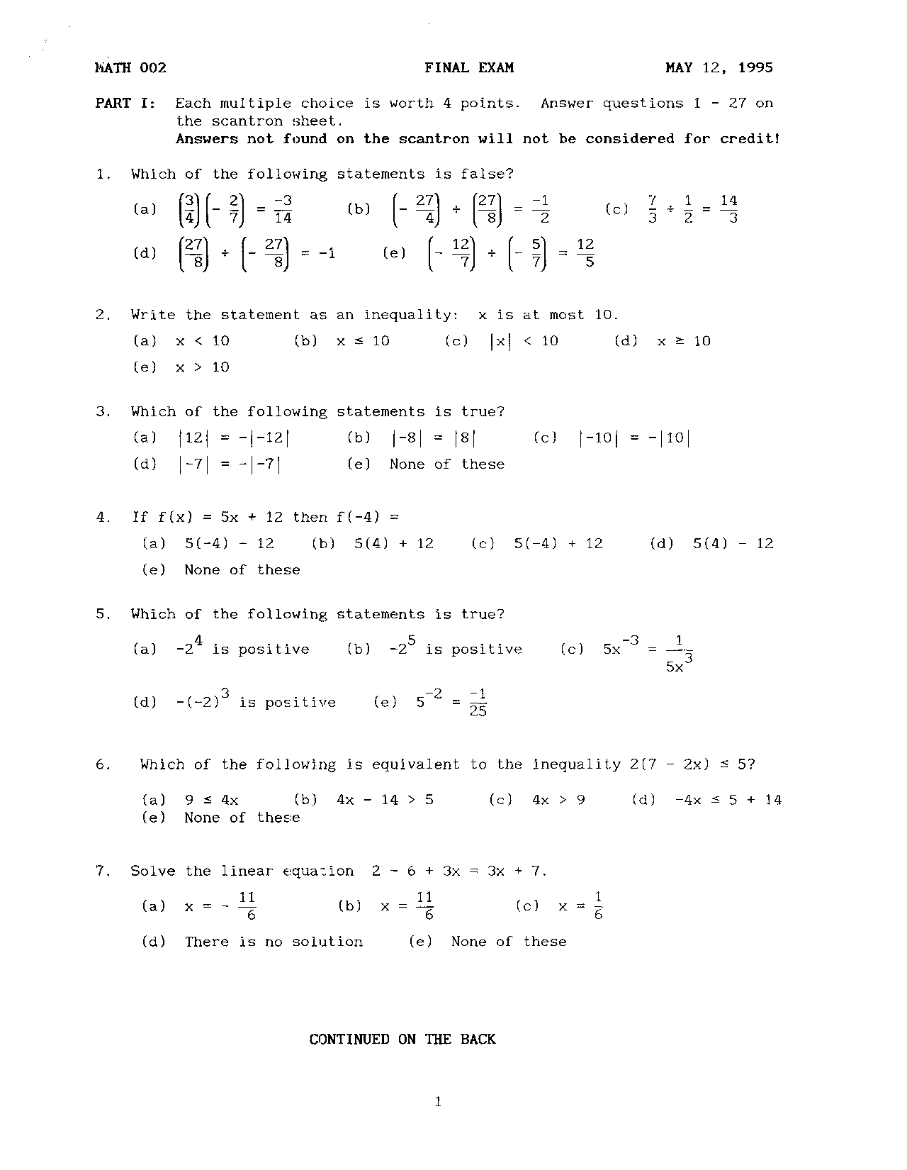 Final Exam With Questions Developmental Mathematics 1995 MATH 003 Final Exam With Questions Developmental Mathematics 1995 MATH 003