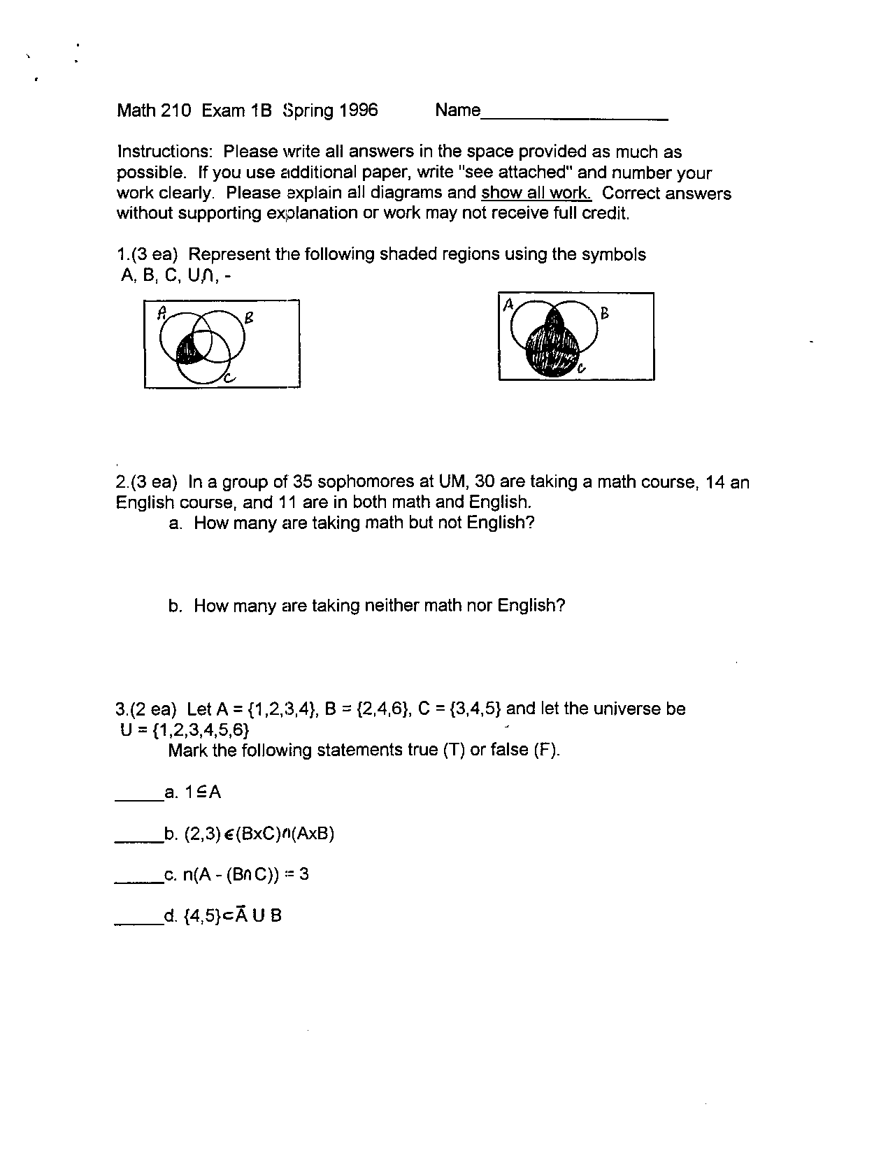 Take Home Examination 1b Elements Of Numbers And Operations Math