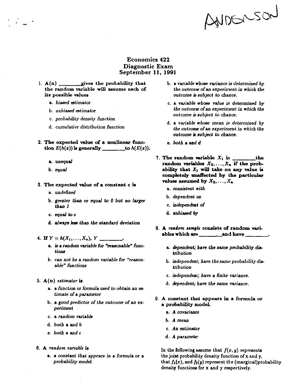 Diagnostic Exam Econometrics I Econ 422 Docsity