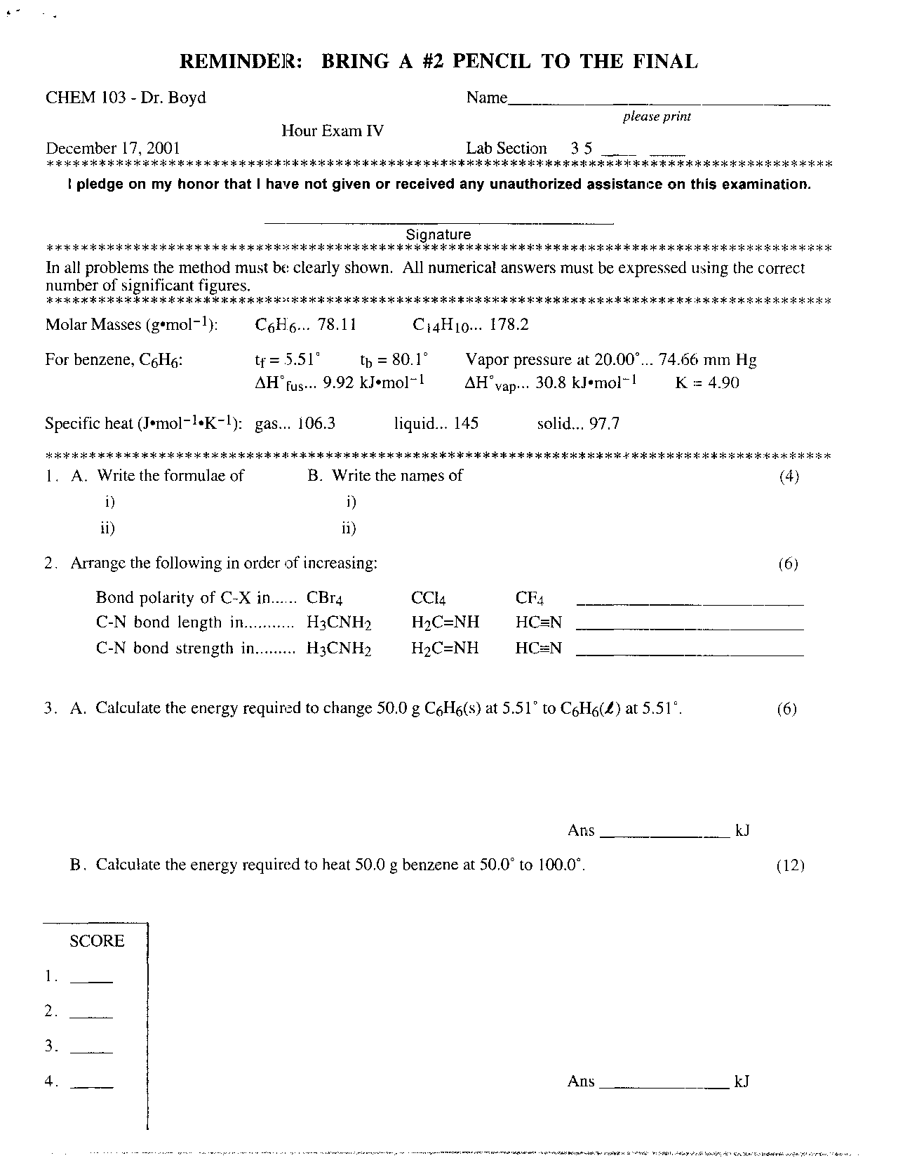 Final Exam 4 Chemistry Fundamentals I Chem 131 Docsity