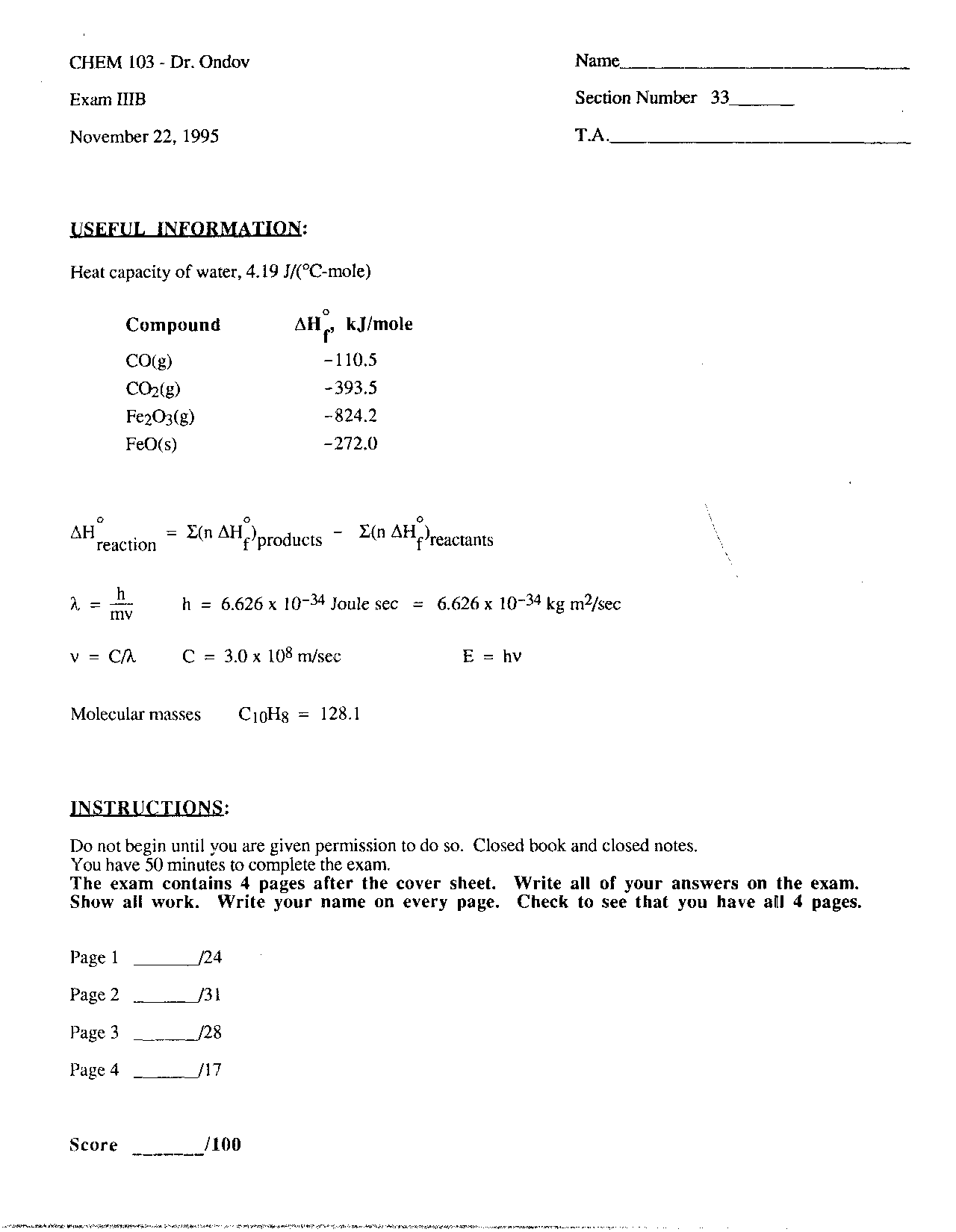 Exercices For Exam Of Chemistry Fundamentals I Chem 131 Docsity